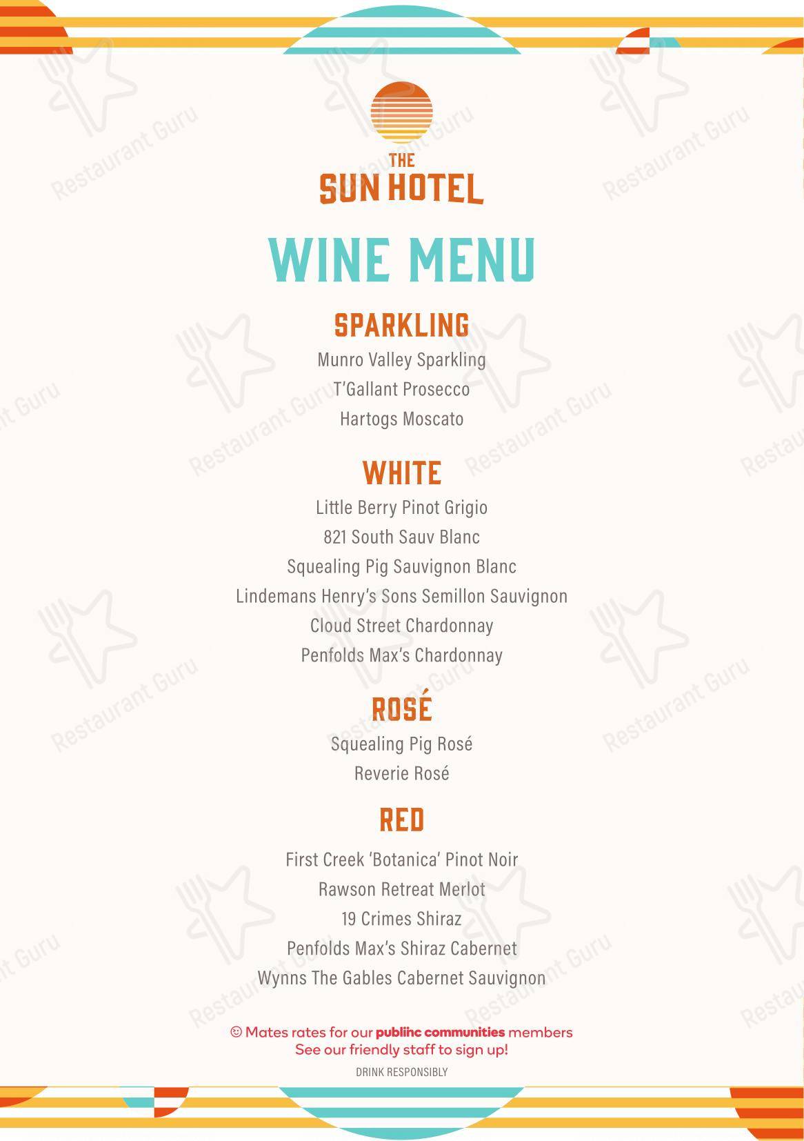 Menu at The Sun Hotel restaurant, Mundingburra