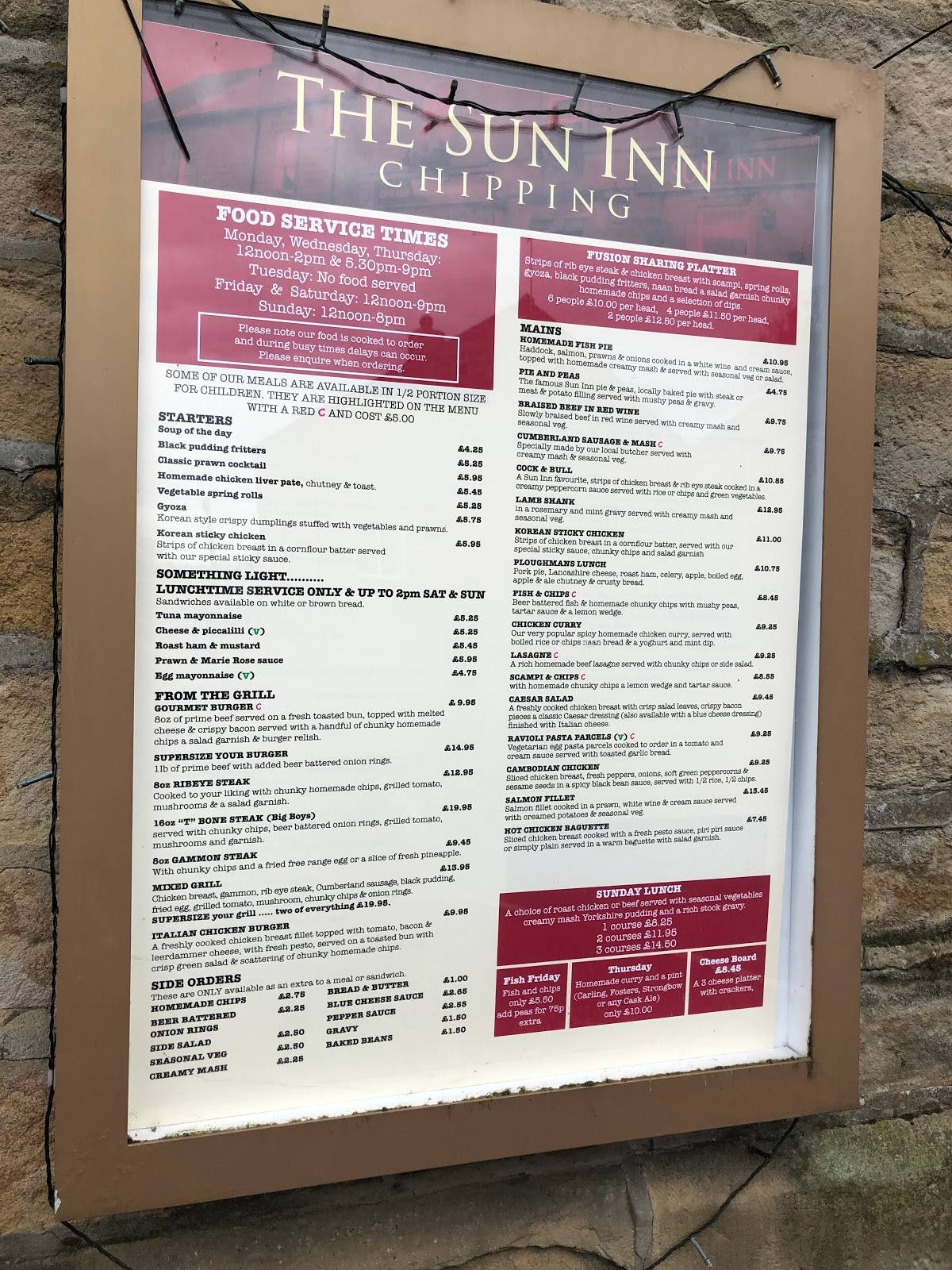 Menu at The Sun Inn pub & bar, Chipping, 2 Windy St