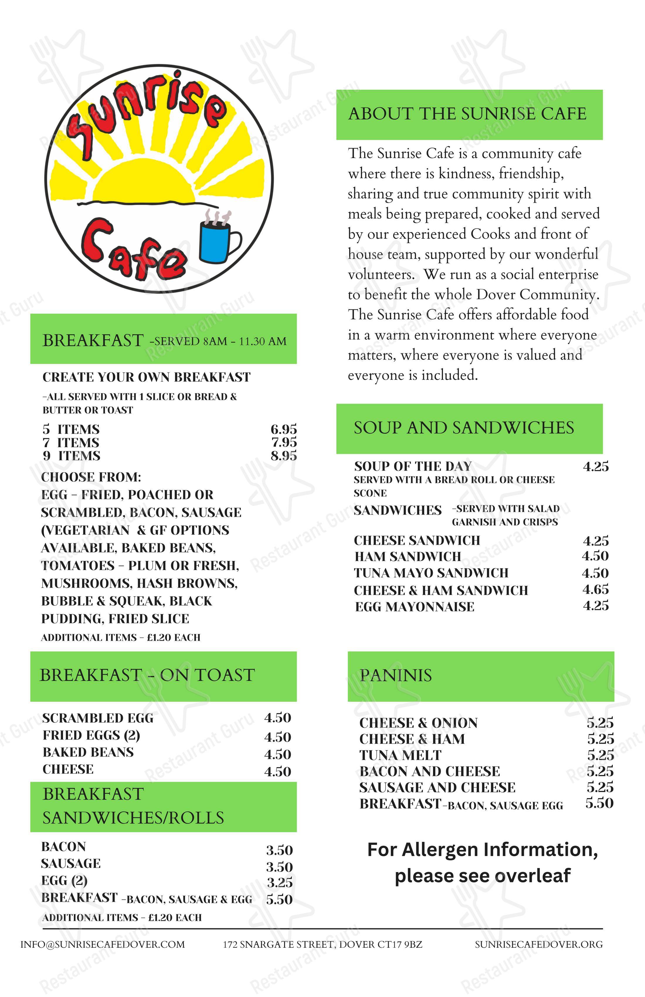 Menu at The Sunrise Café cafe, Dover