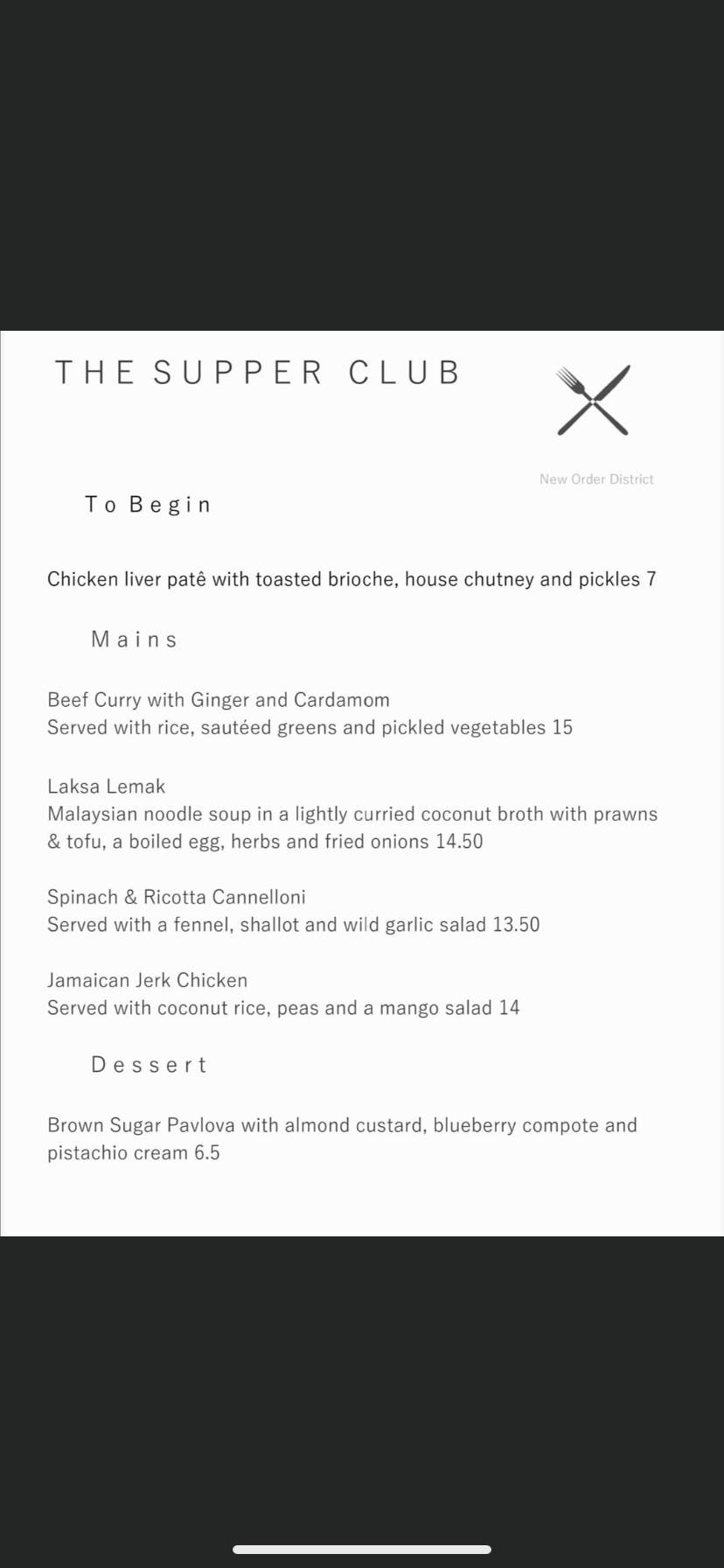 Menu at The Supper Club at New Order District, Birr