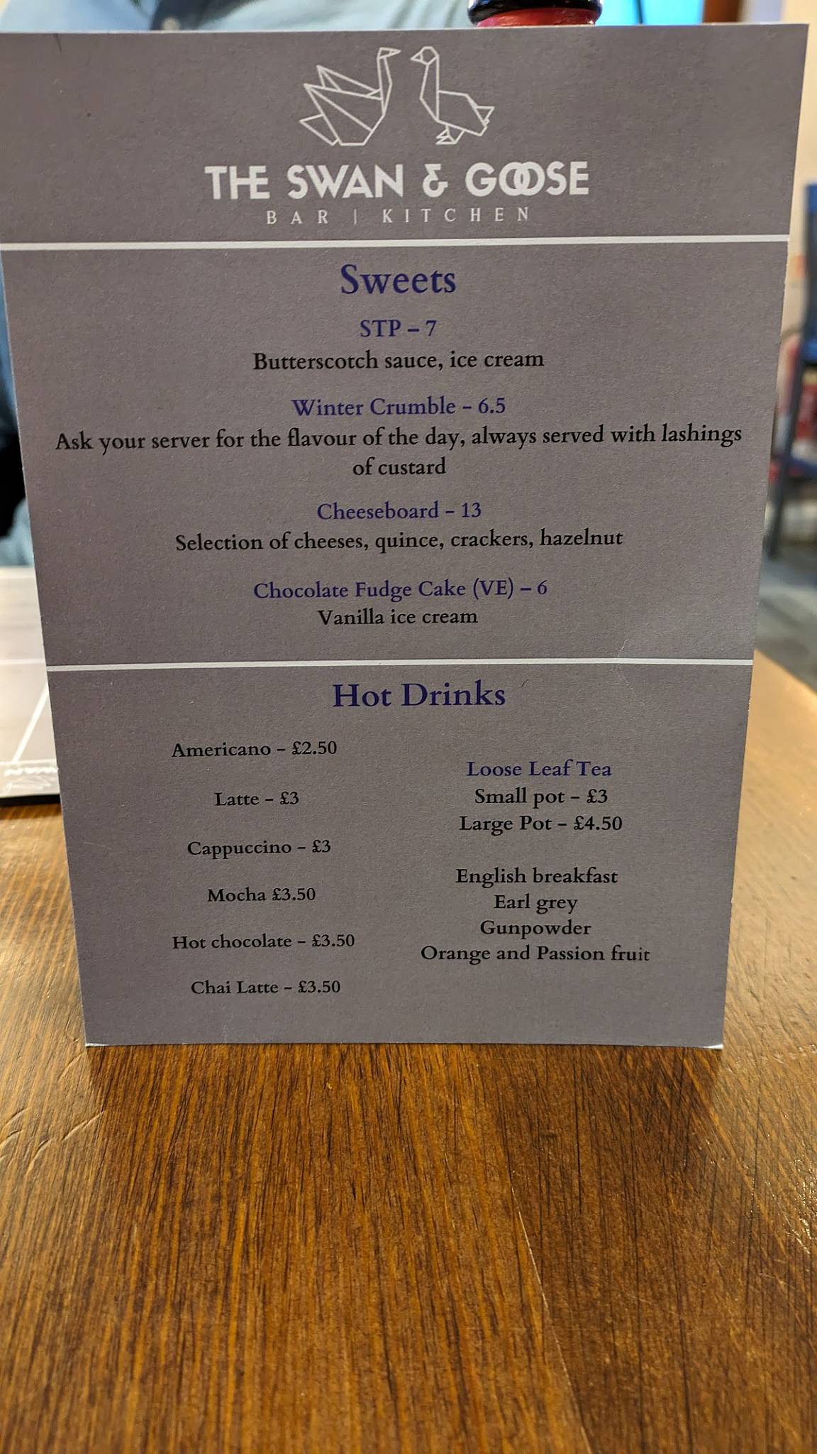 Menu at The Swan & Goose restaurant, Burnley
