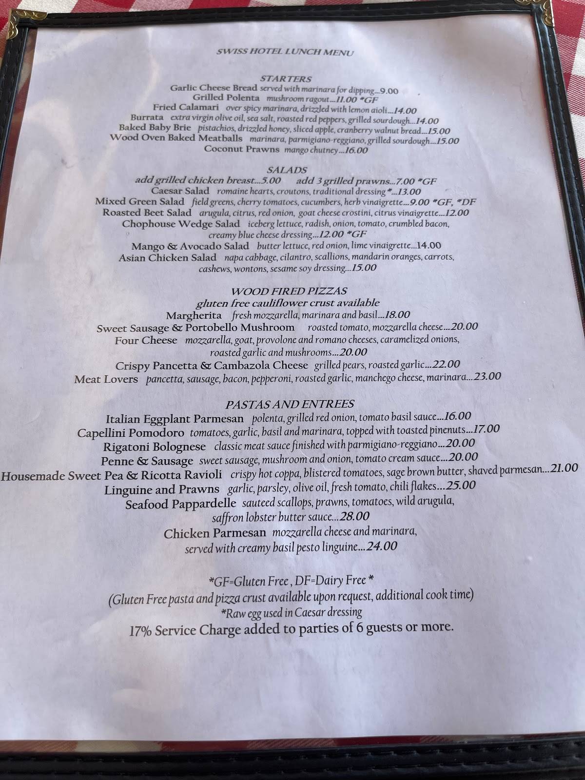 Menu at The Swiss Hotel restaurant, Sonoma