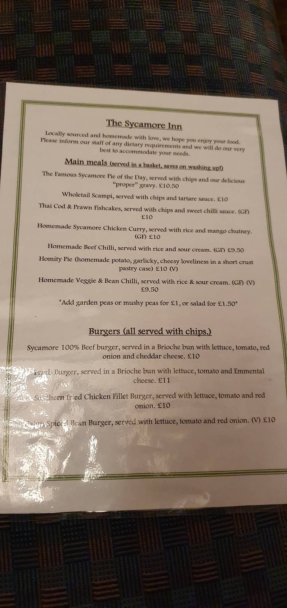 Menu at The Sycamore Inn pub & bar, Matlock