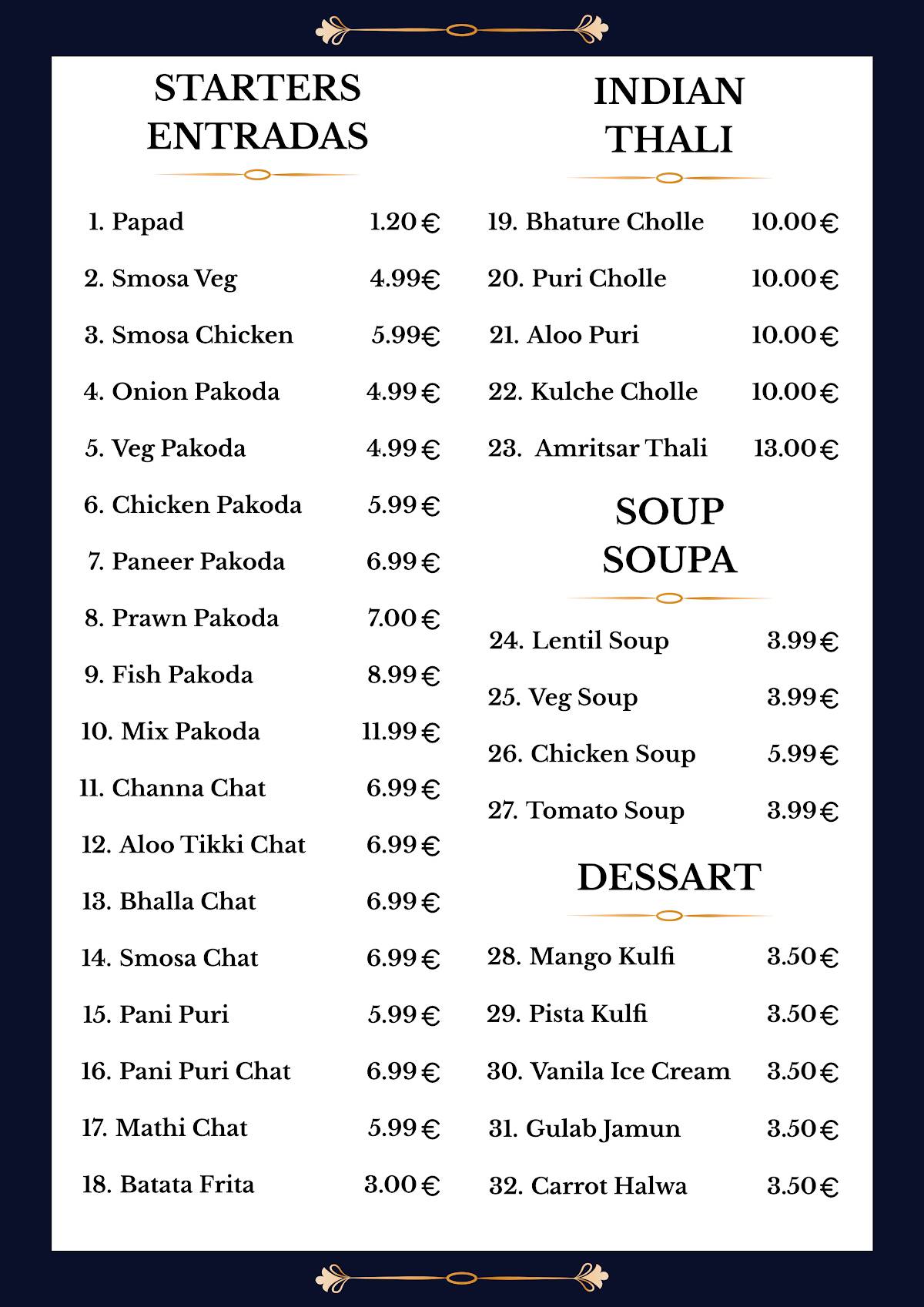 Menu em The Taj Cuisine restaurante, Porto