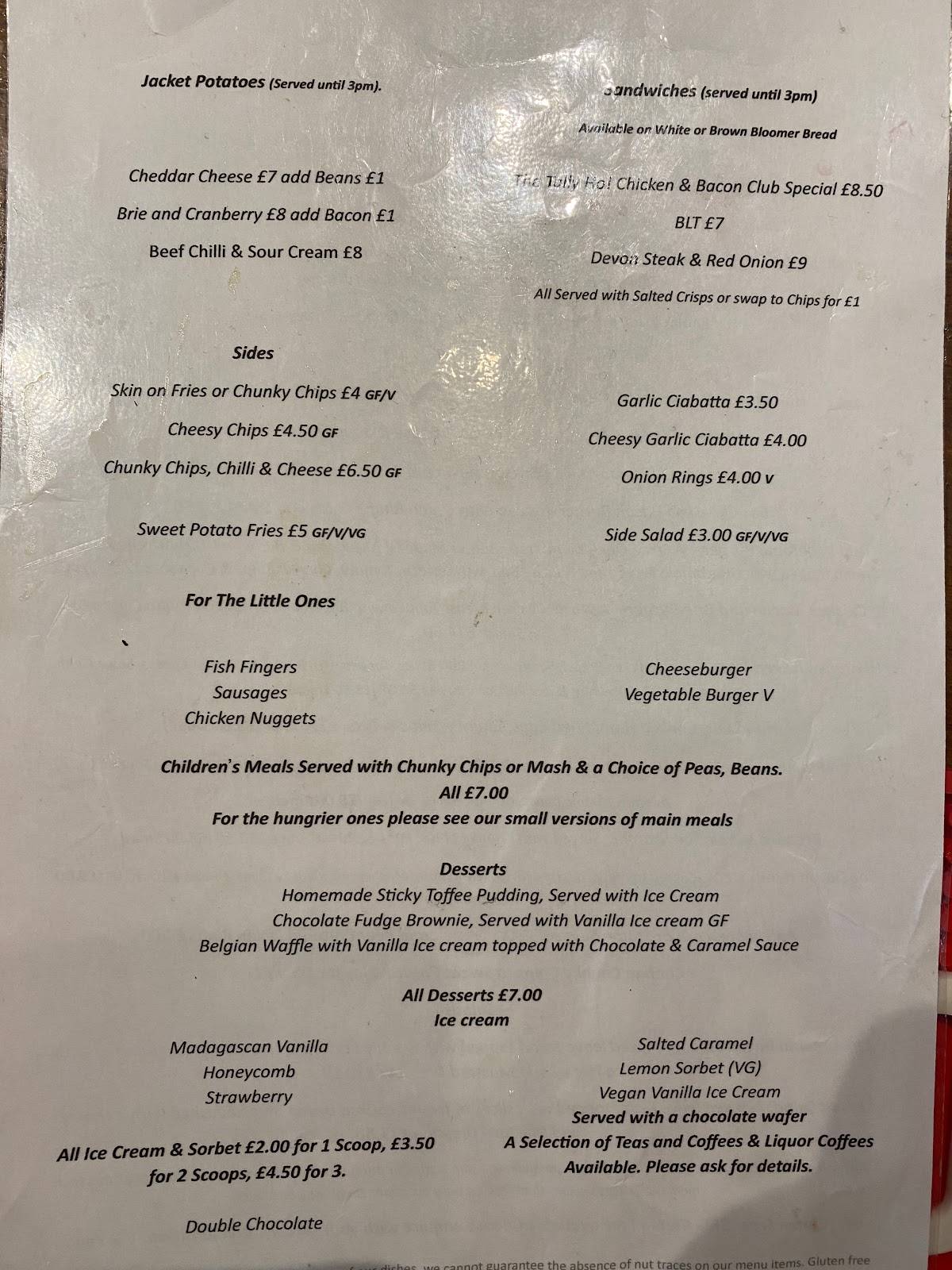 Menu at The Tally Ho! Inn pub & bar, Exeter