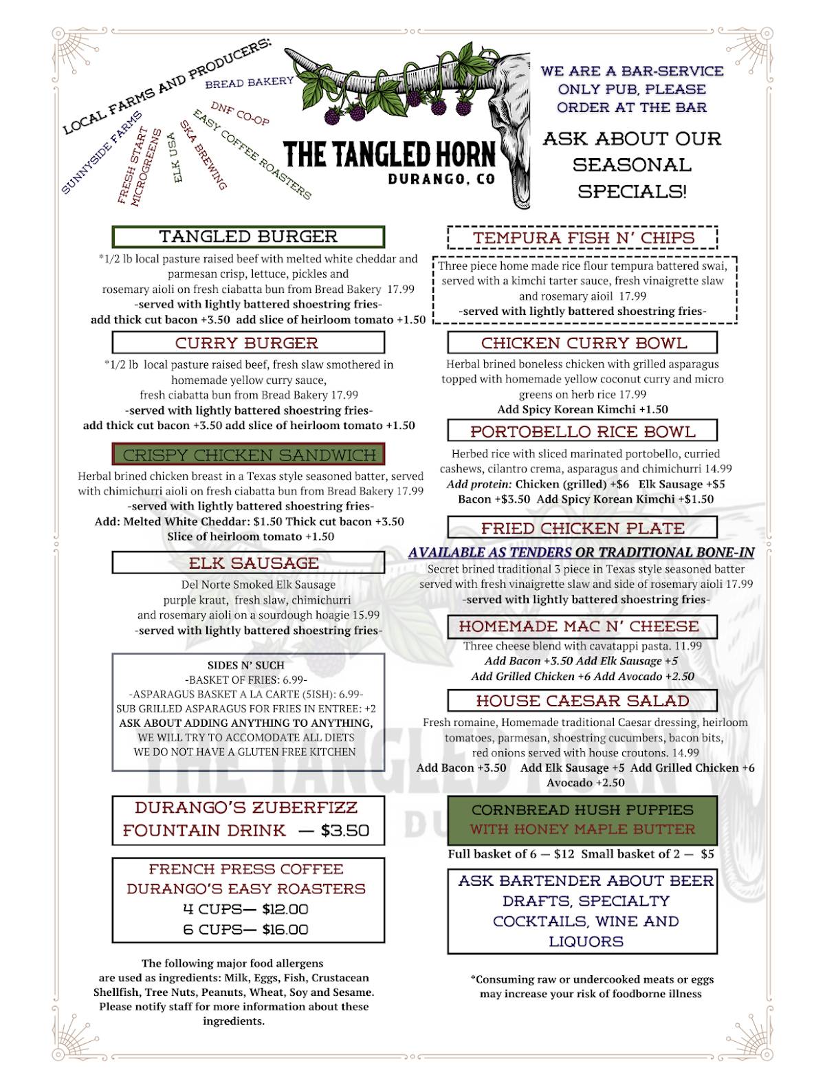 Menu at The Tangled Horn pub & bar, Durango