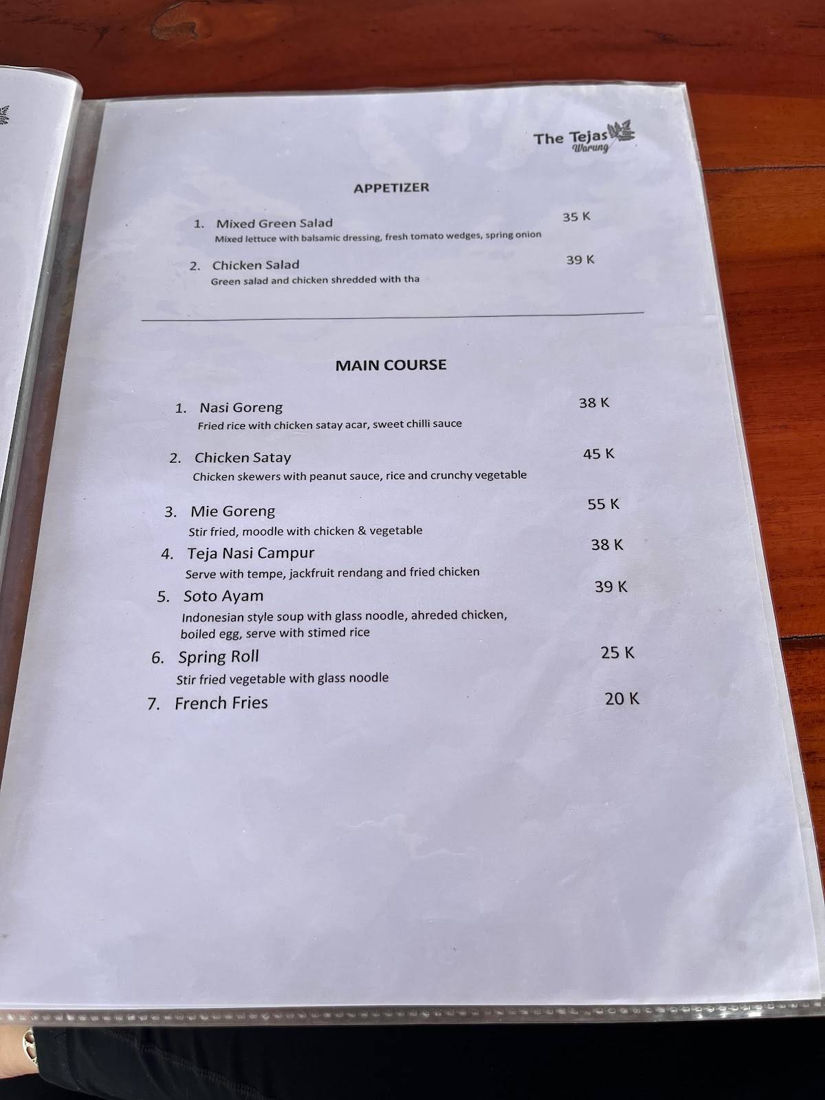 Menu at The Tejas Warung restaurant, Indonesia