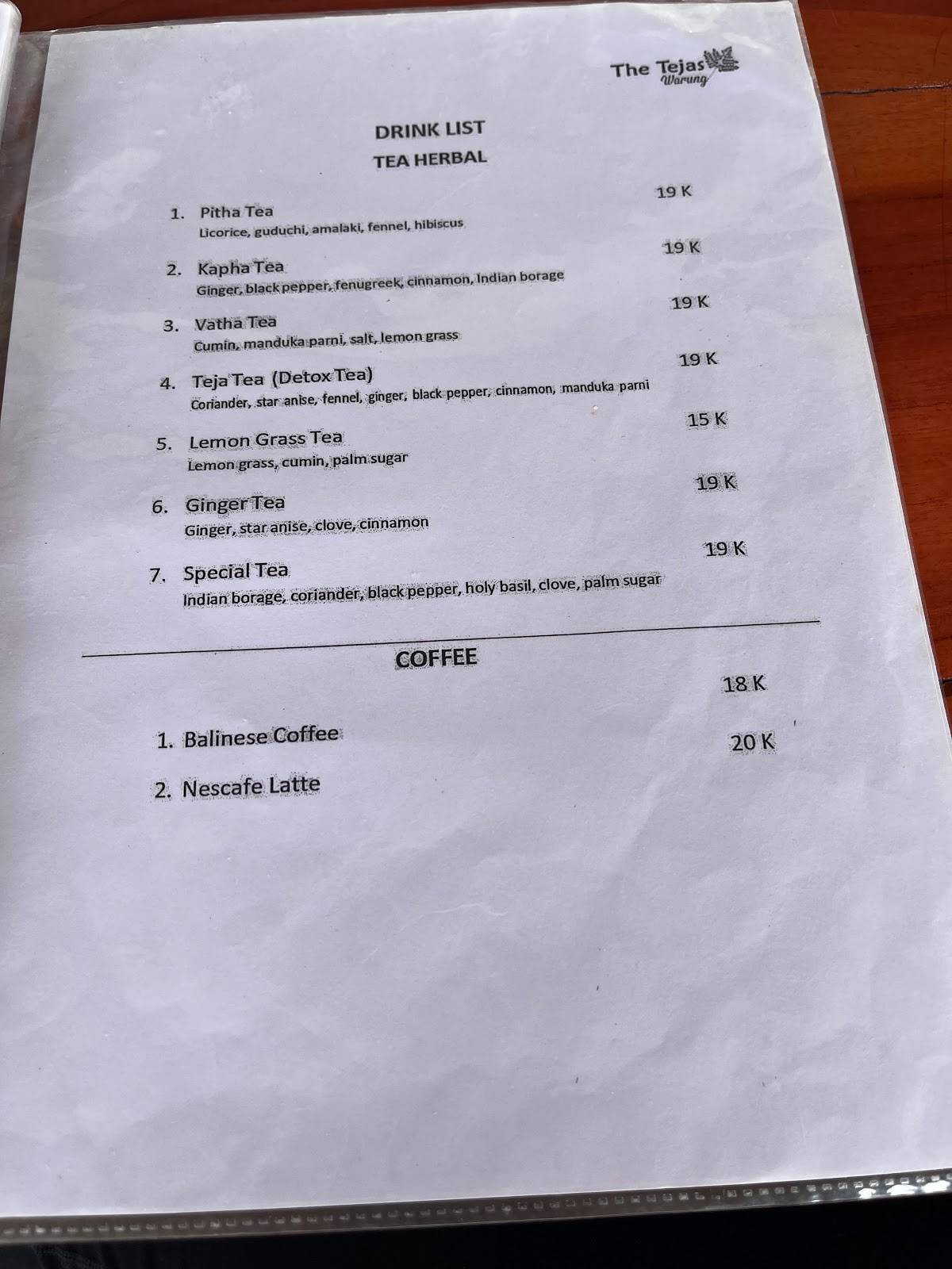 Menu at The Tejas Warung restaurant, Indonesia