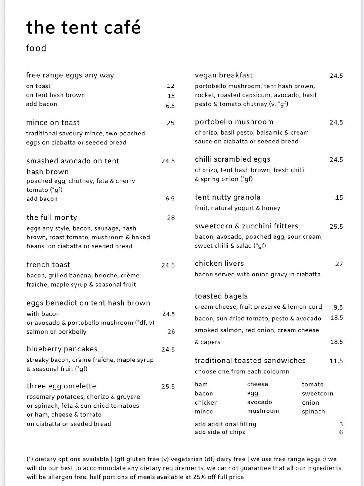 Menu at The Tent Cafe, Orewa