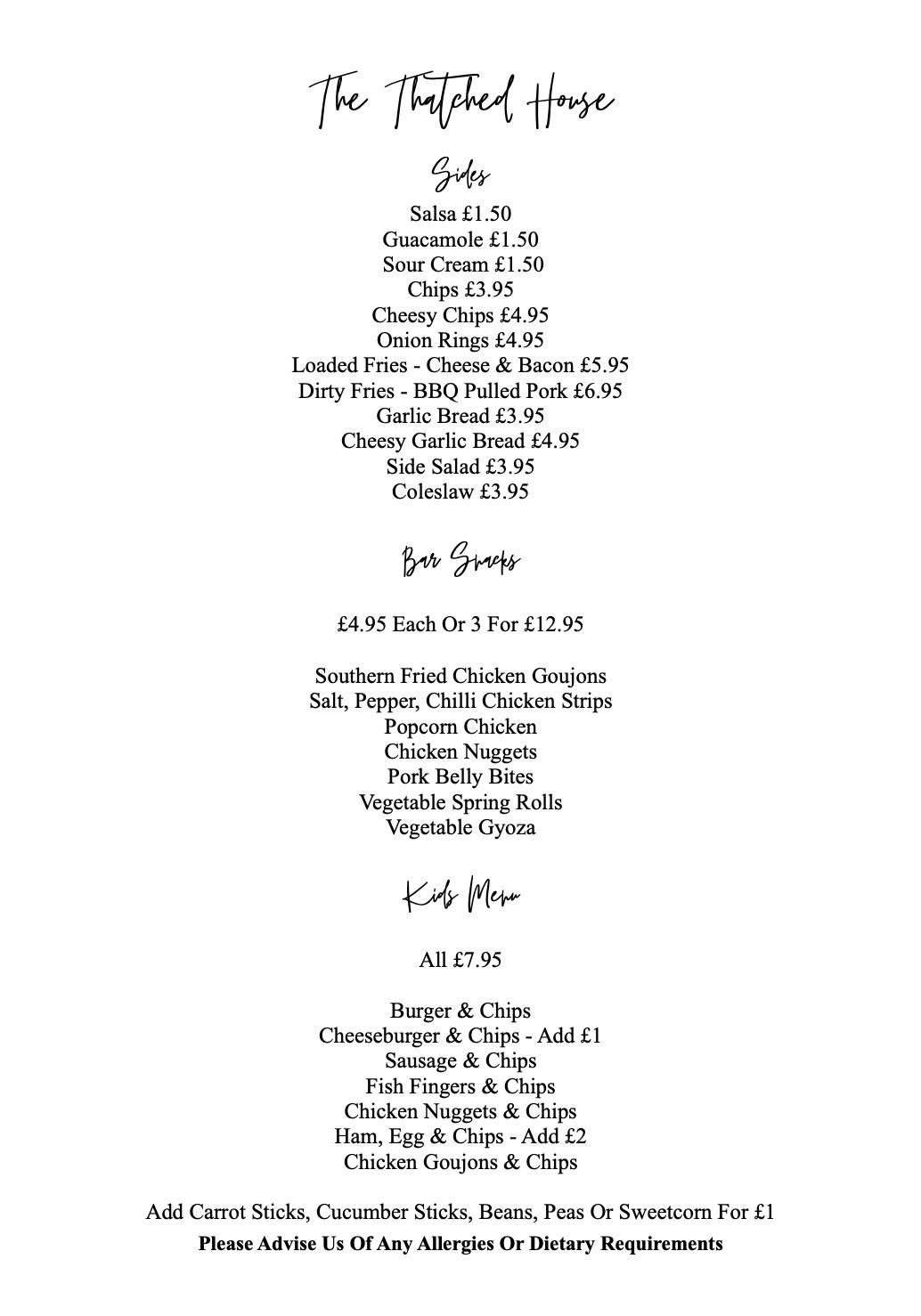 Menu at The Thatched House restaurant, Bognor Regis