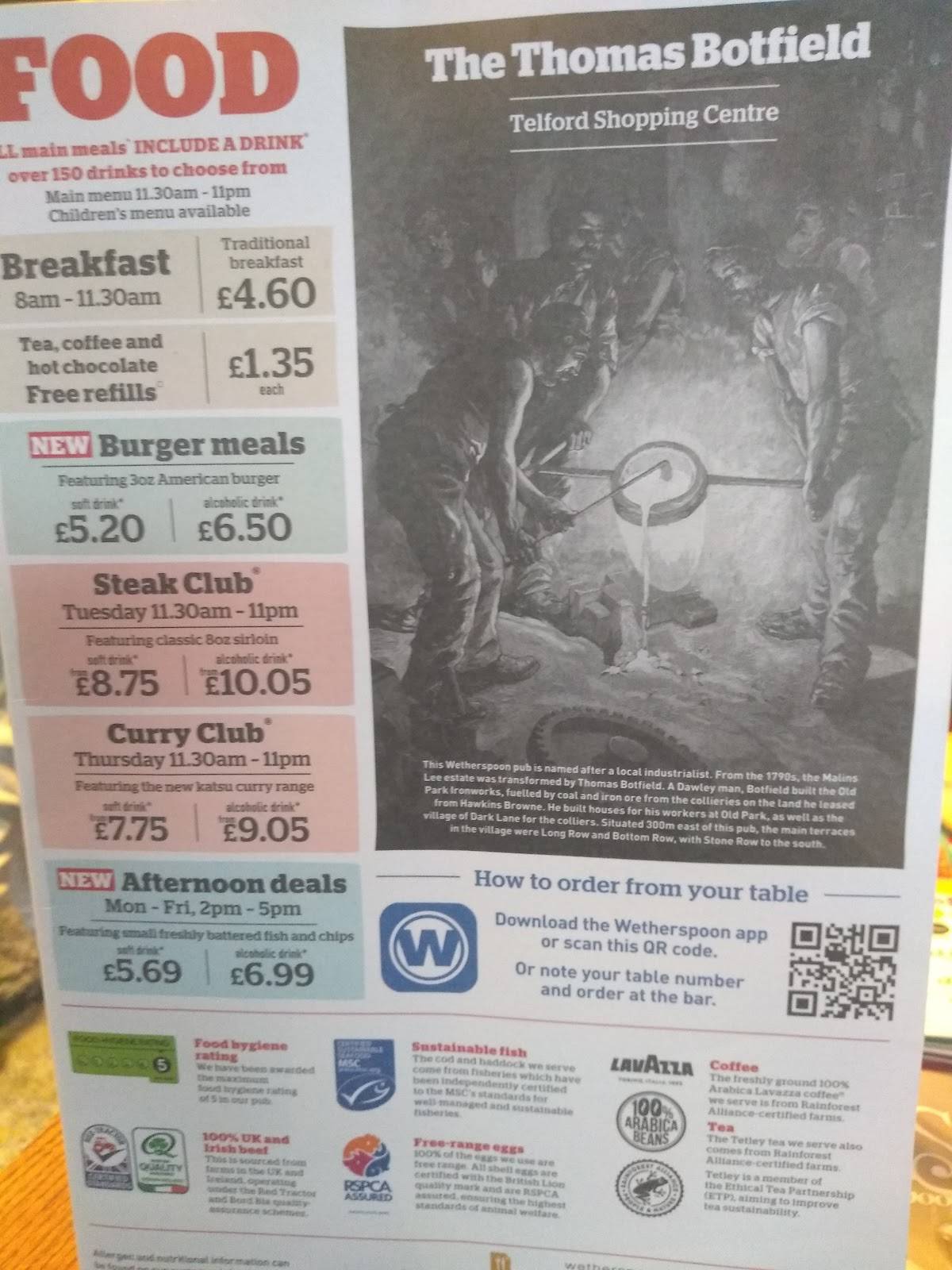 Menu at The Thomas Botfield - JD Wetherspoon pub & bar, Telford ...