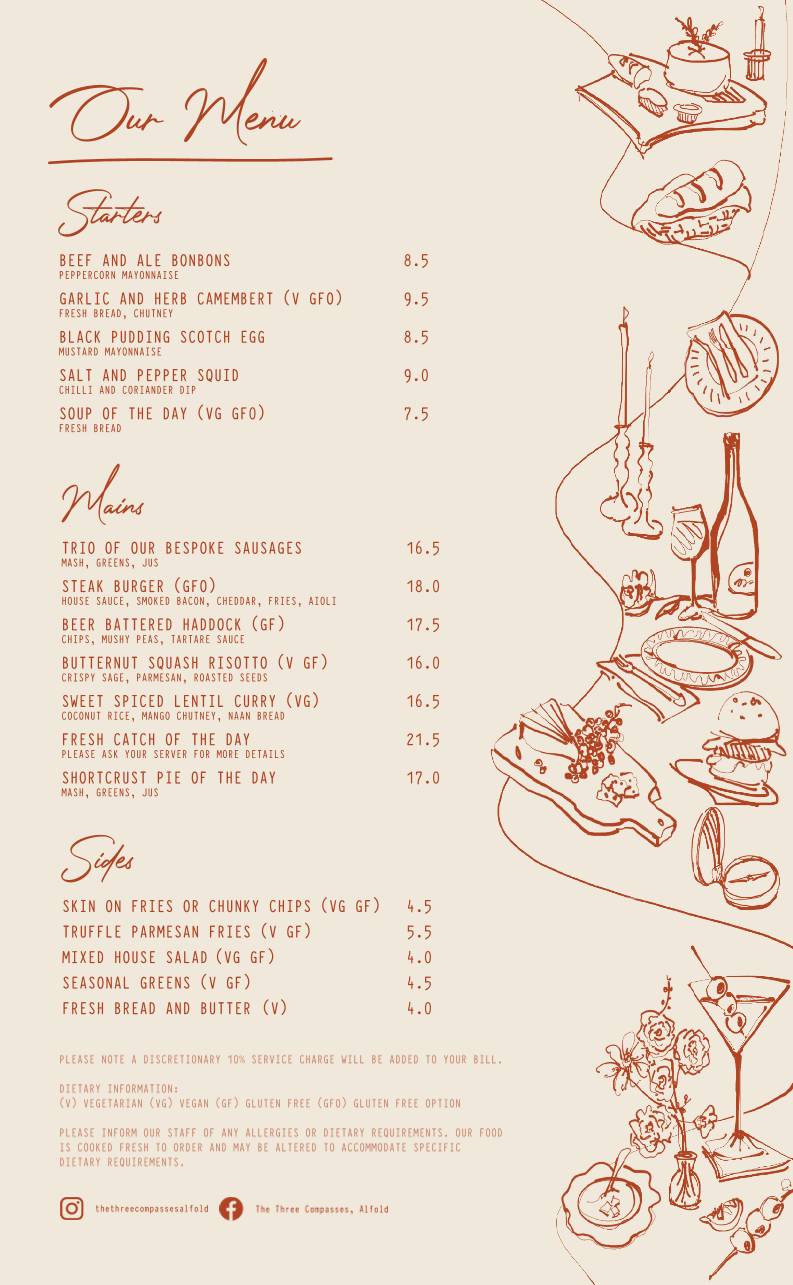 Menu at The Three Compasses pub & bar, Cranleigh, Dunsfold Rd