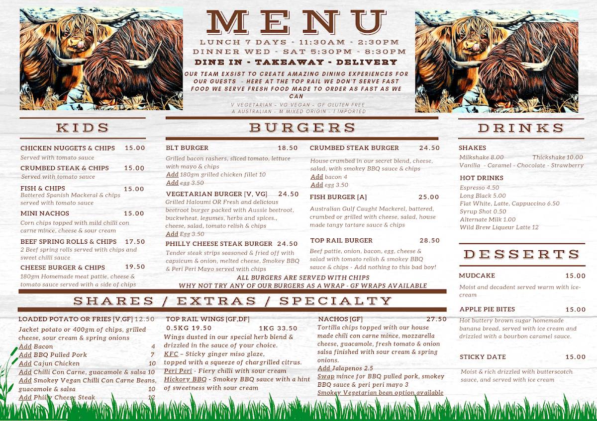 Menu at The Top Rail restaurant, Malanda