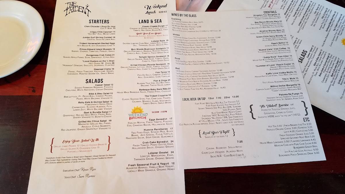 Menu at The Trident restaurant, Sausalito