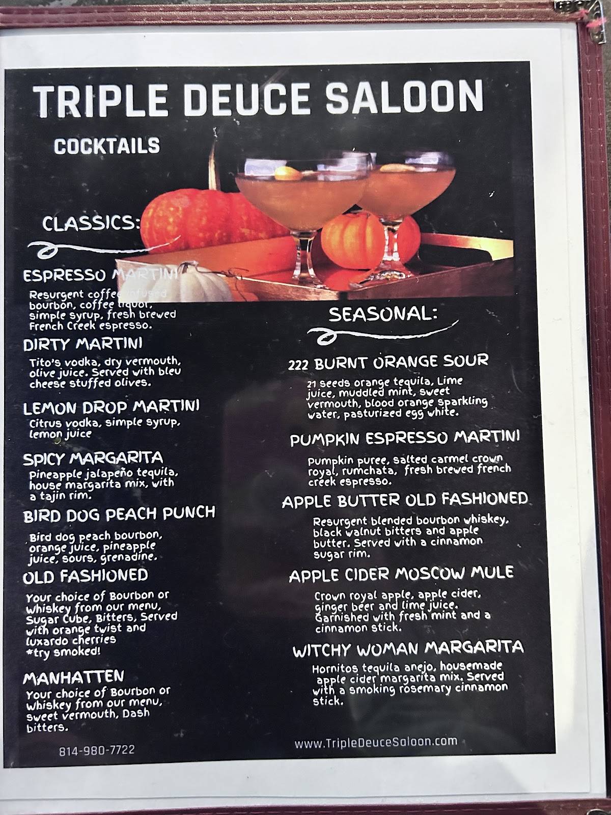Menu at The Triple Deuce Saloon pub & bar, Meadville