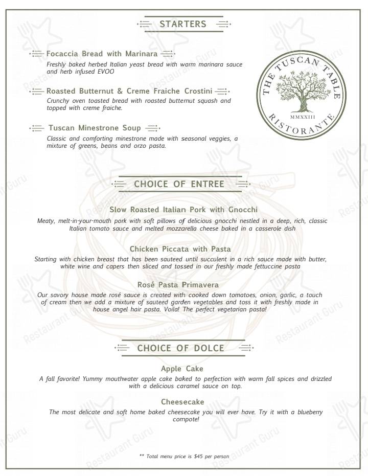 Menu at The Tuscan Table Ristorante restaurant, Greenfield