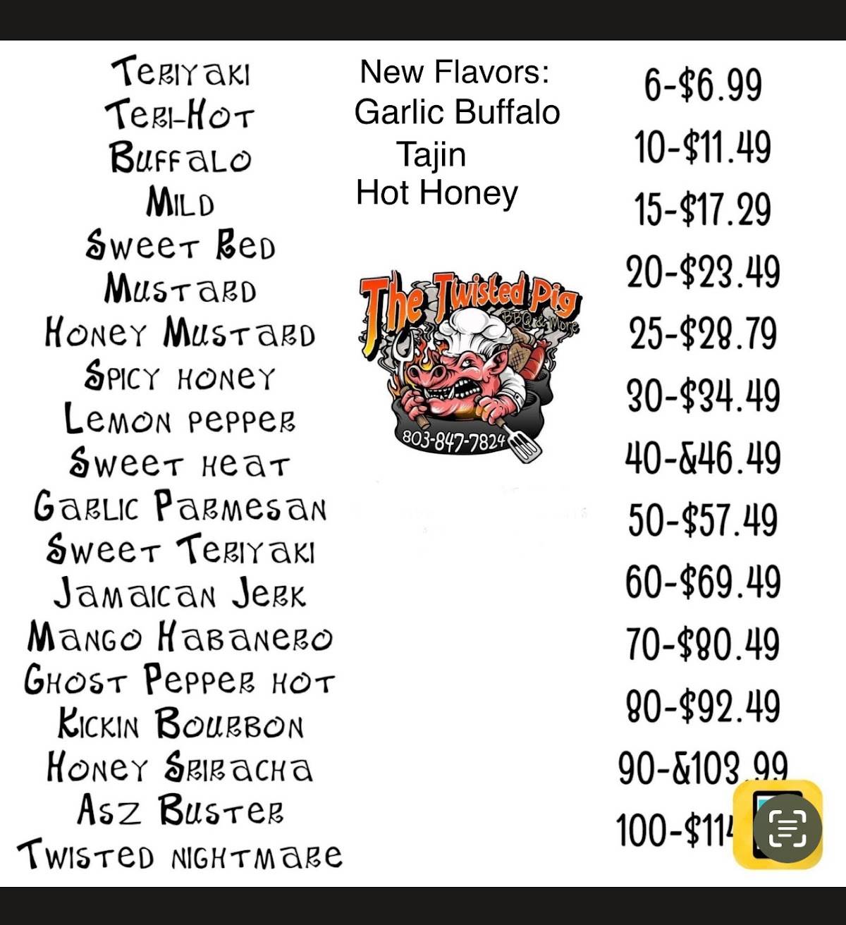 Menu at The Twisted Pig restaurant, Lugoff