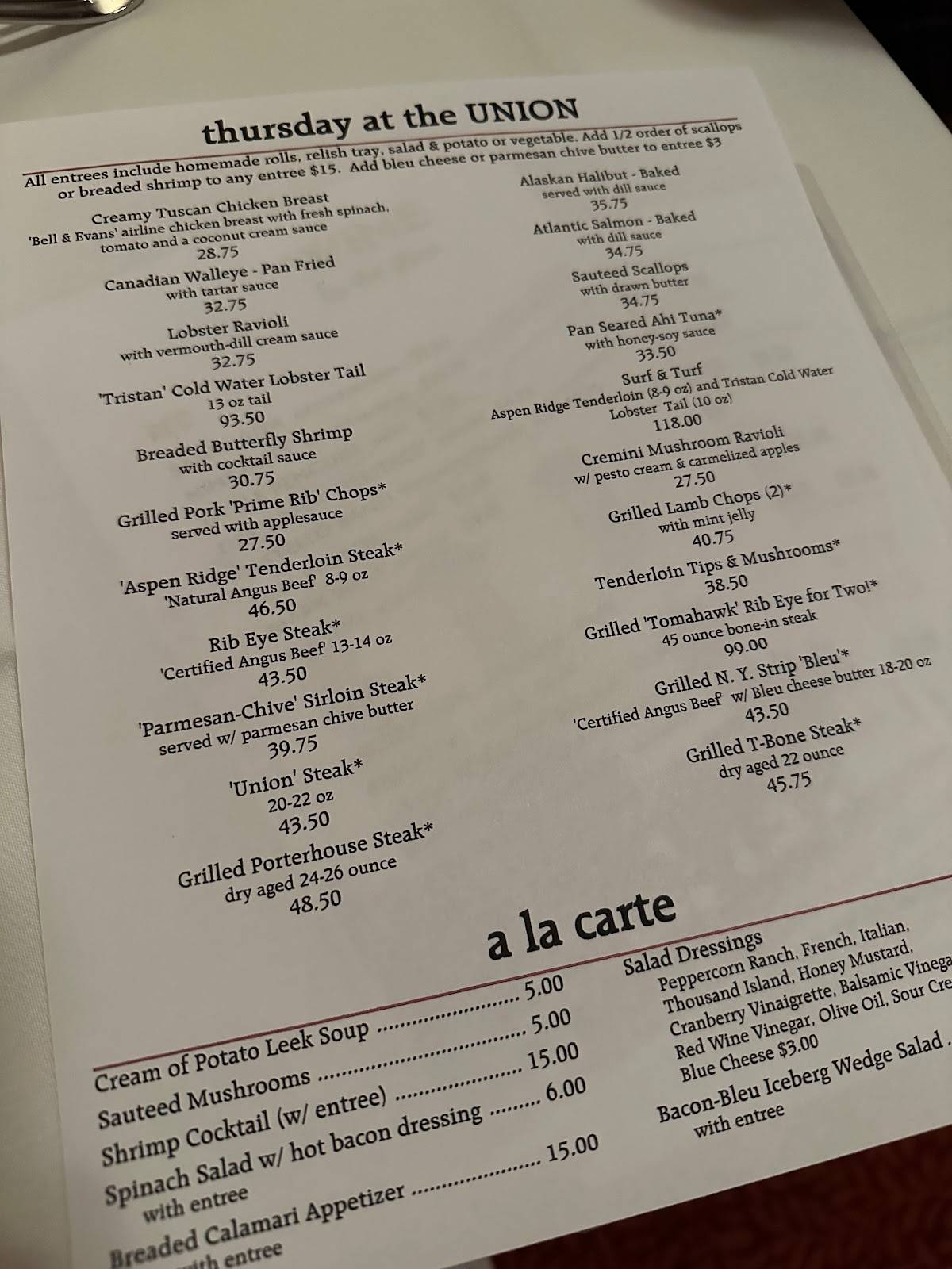 Menu at The Union Hotel & Restaurant, De Pere