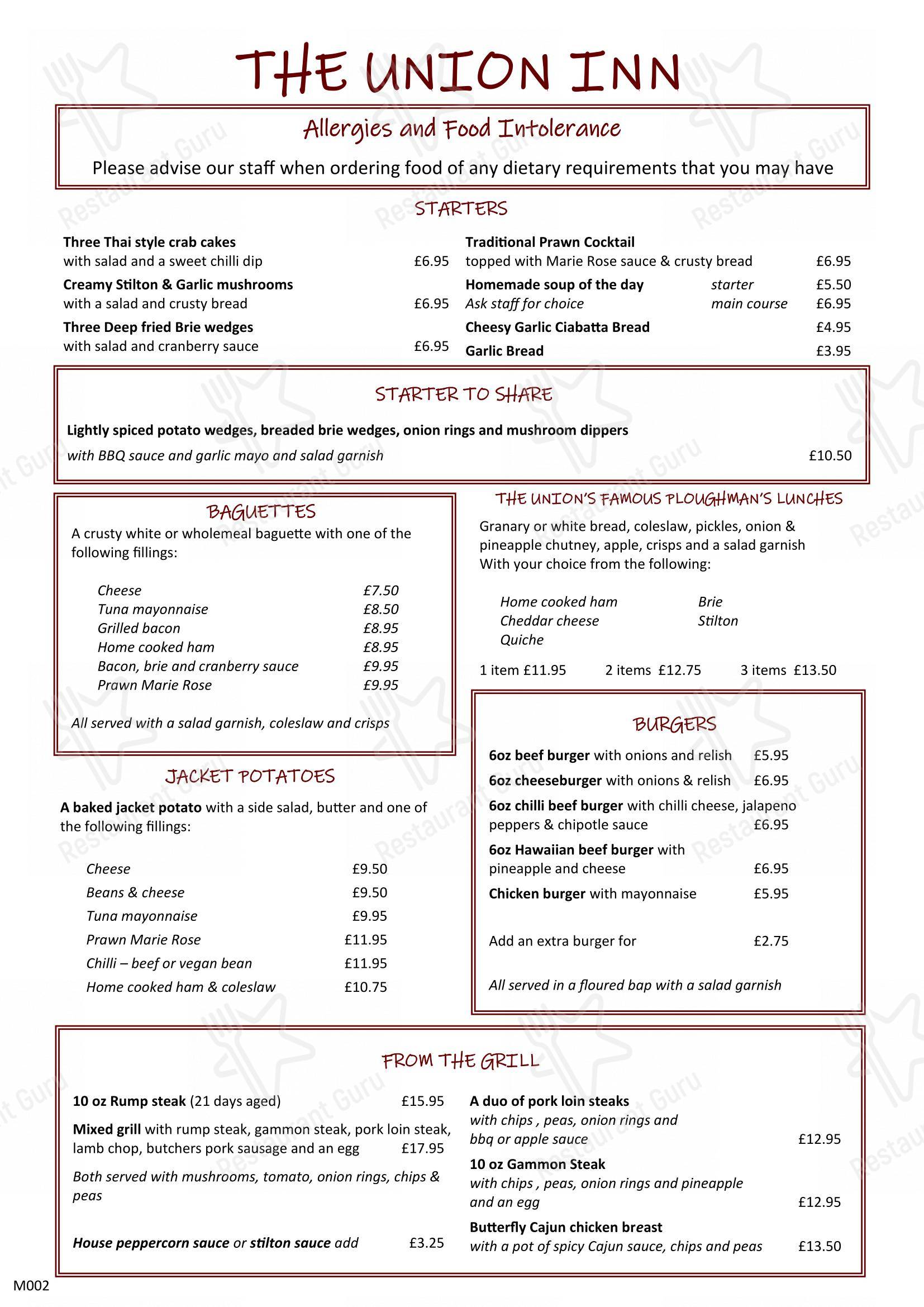 Menu at The Union Inn pub & bar, Moretonhampstead