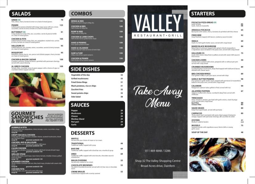 Menu at The Valley Restaurant and Grill, Randburg