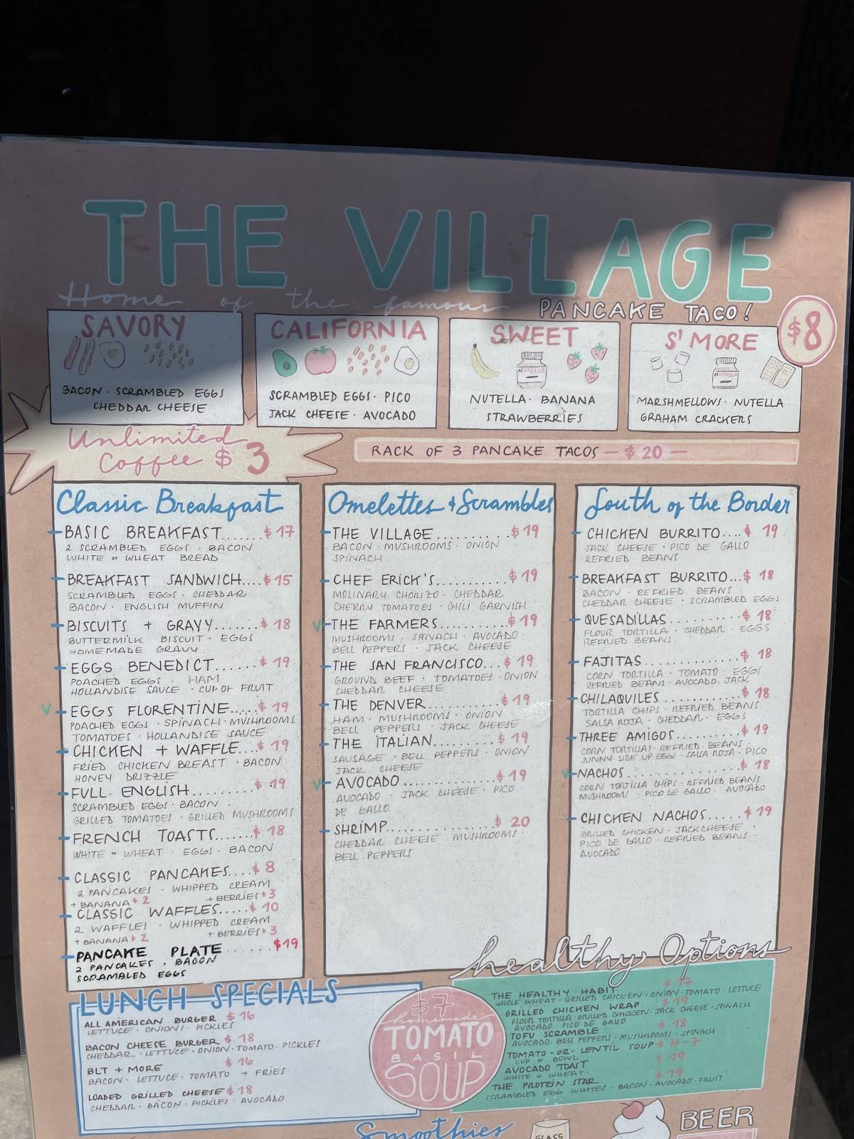 Menu at The Village cafe, San Francisco, California St