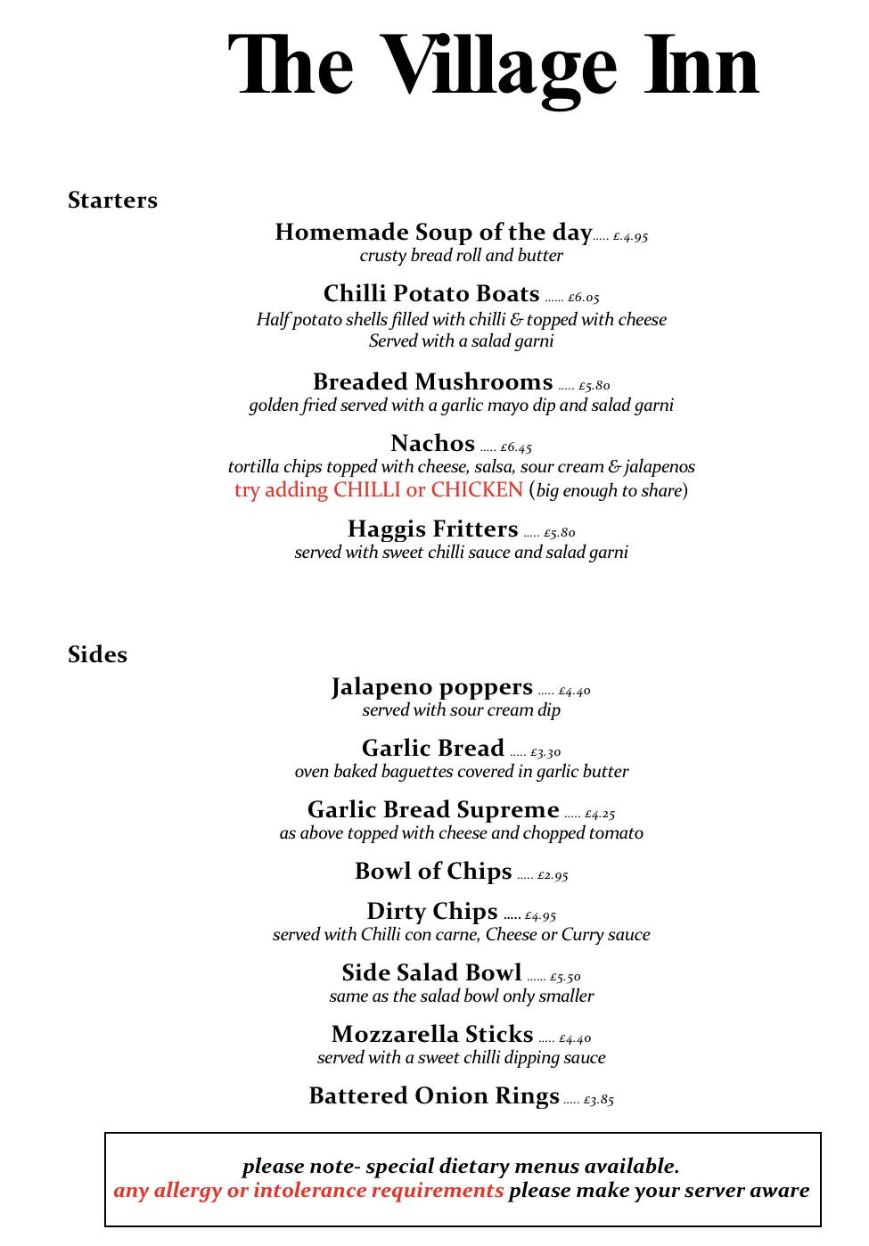 Menu at The Village Inn restaurant, Bridge of Earn, Main St