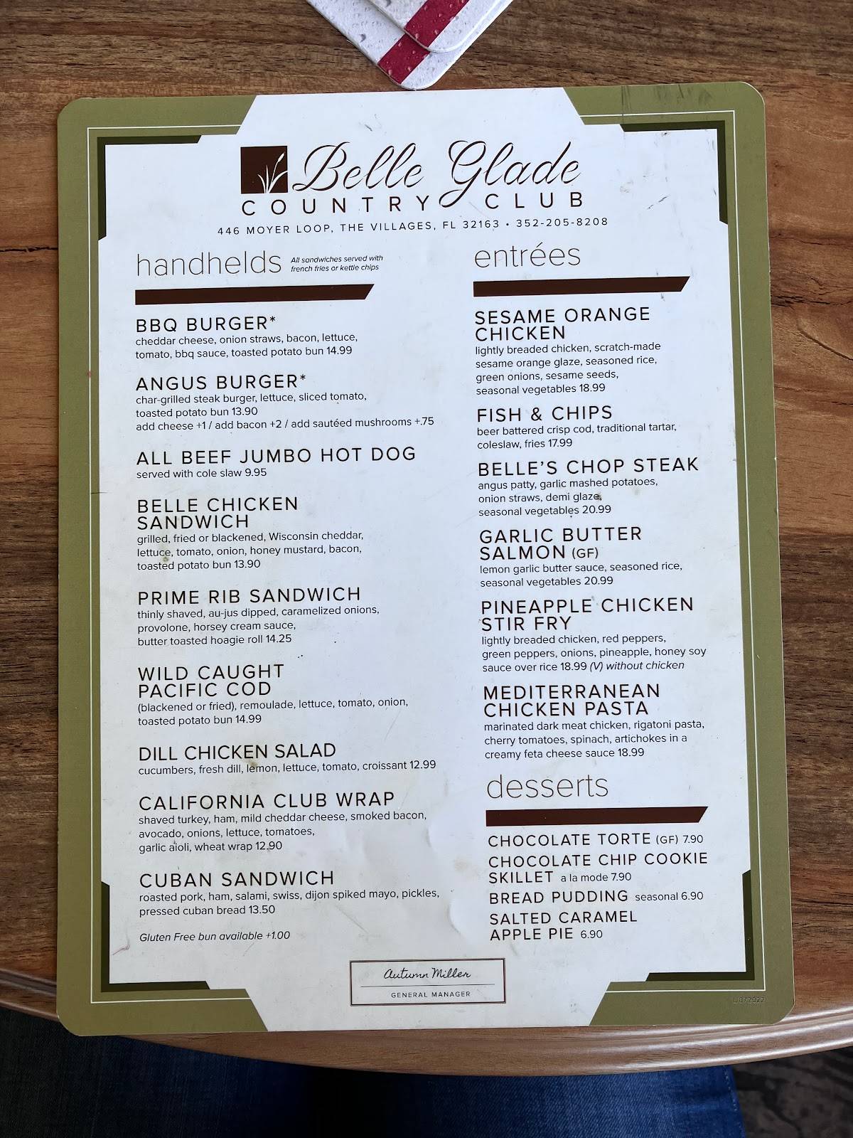 Menu at Belle Glade - Country Club Restaurant, The Villages, 446 Moyer Loop
