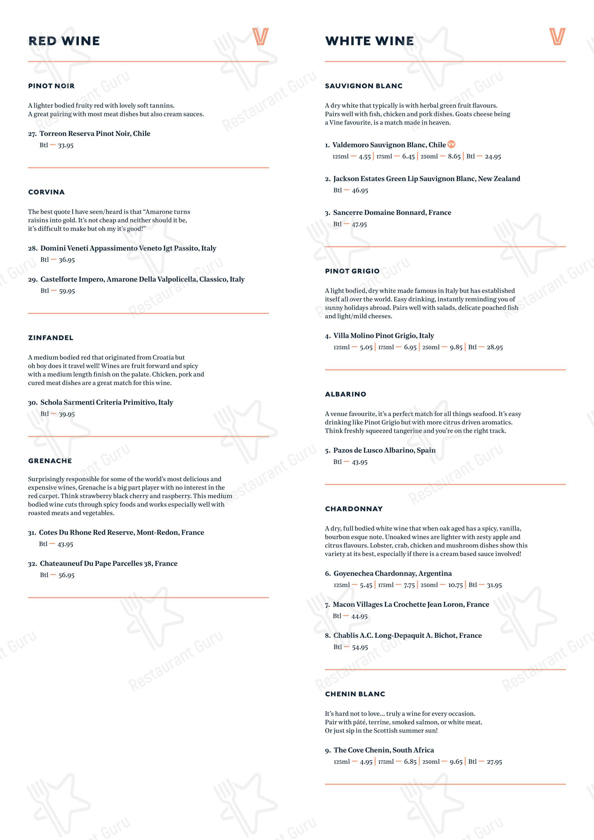 Menu at The Vine restaurant, Prestwick
