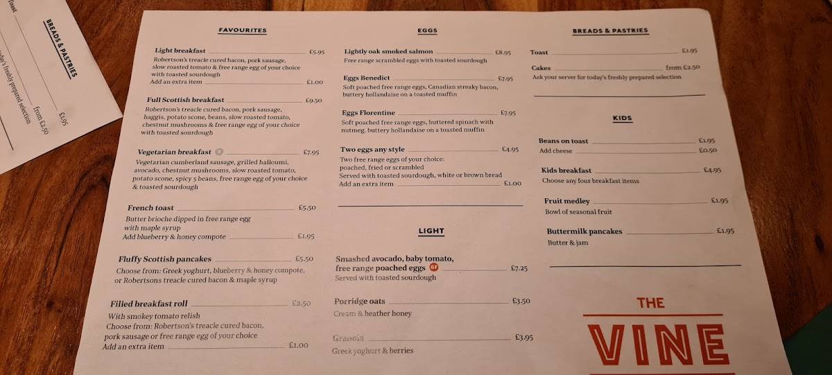 Menu at The Vine restaurant, Prestwick