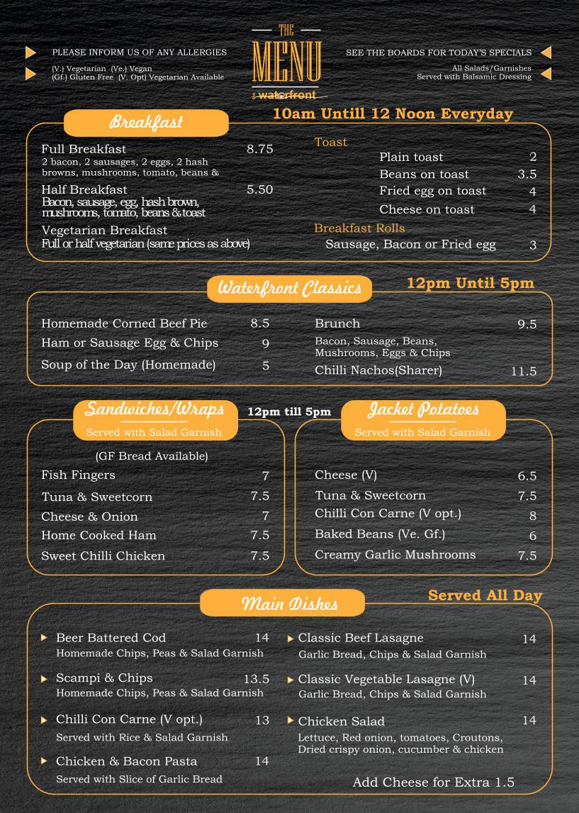 Menu at The Waterfront pub & bar, Porthcawl, 27 Esplanade