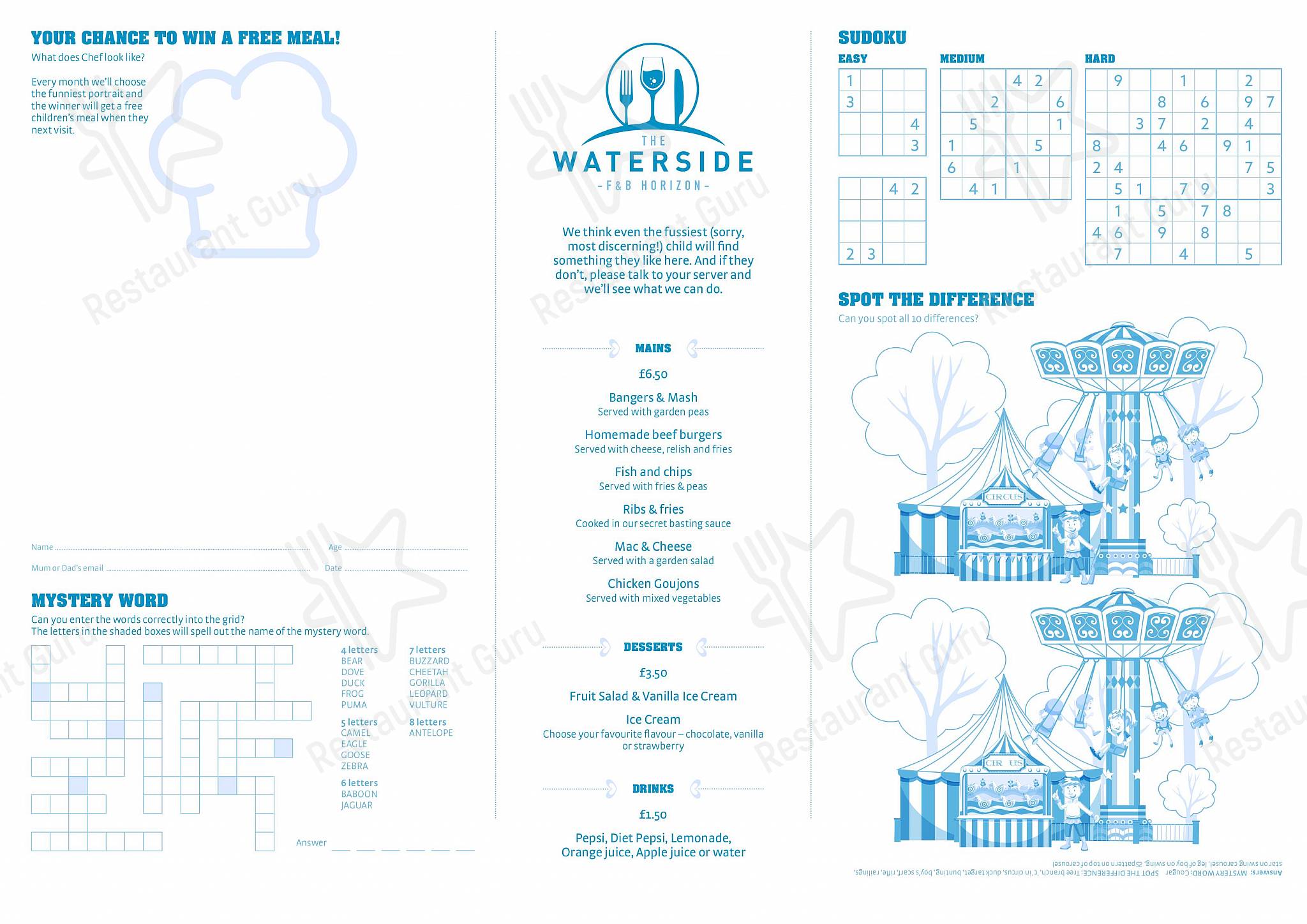 Menu at The Waterside pub & bar, Woodley