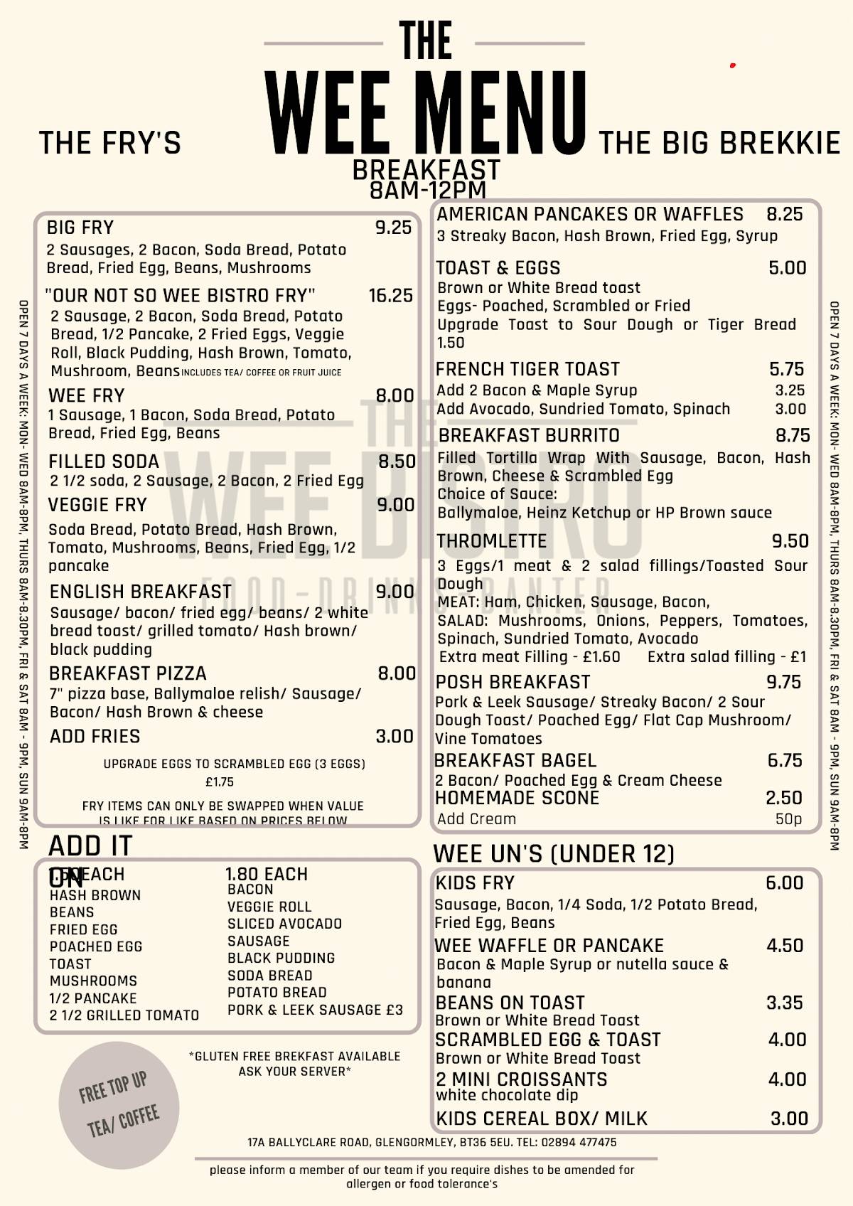 Menu at The Wee Bistro restaurant, Glengormley