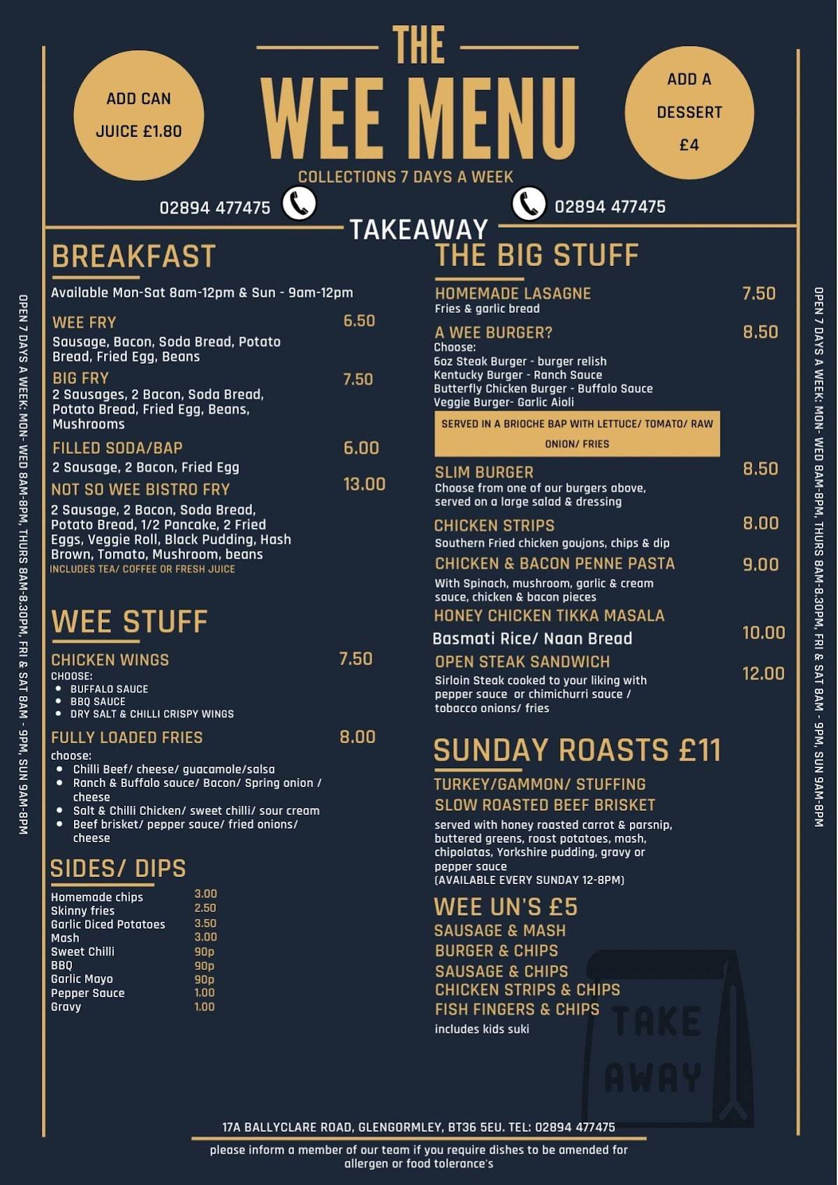 Menu at The Wee Bistro restaurant, Glengormley