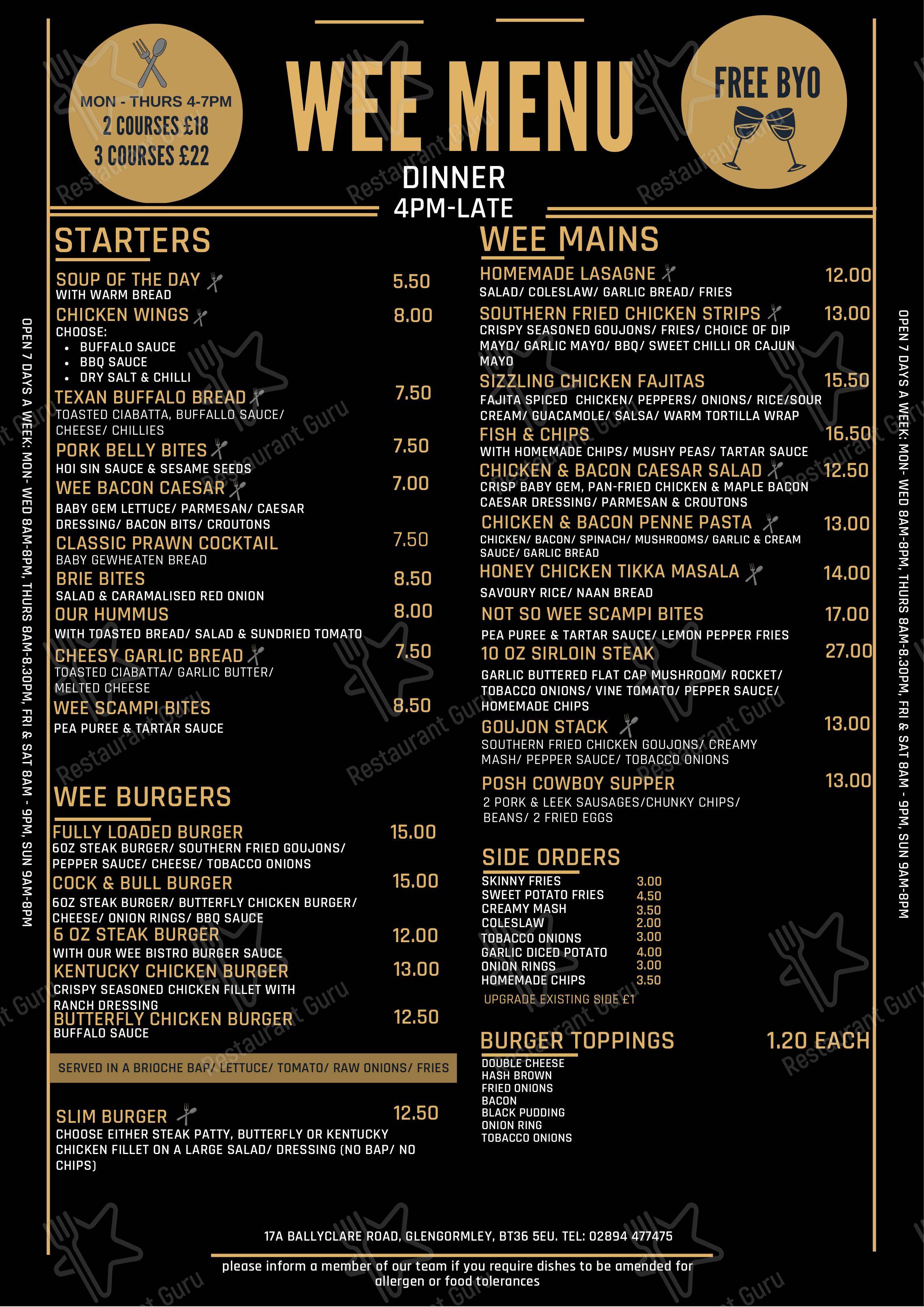 Menu at The Wee Bistro restaurant, Glengormley