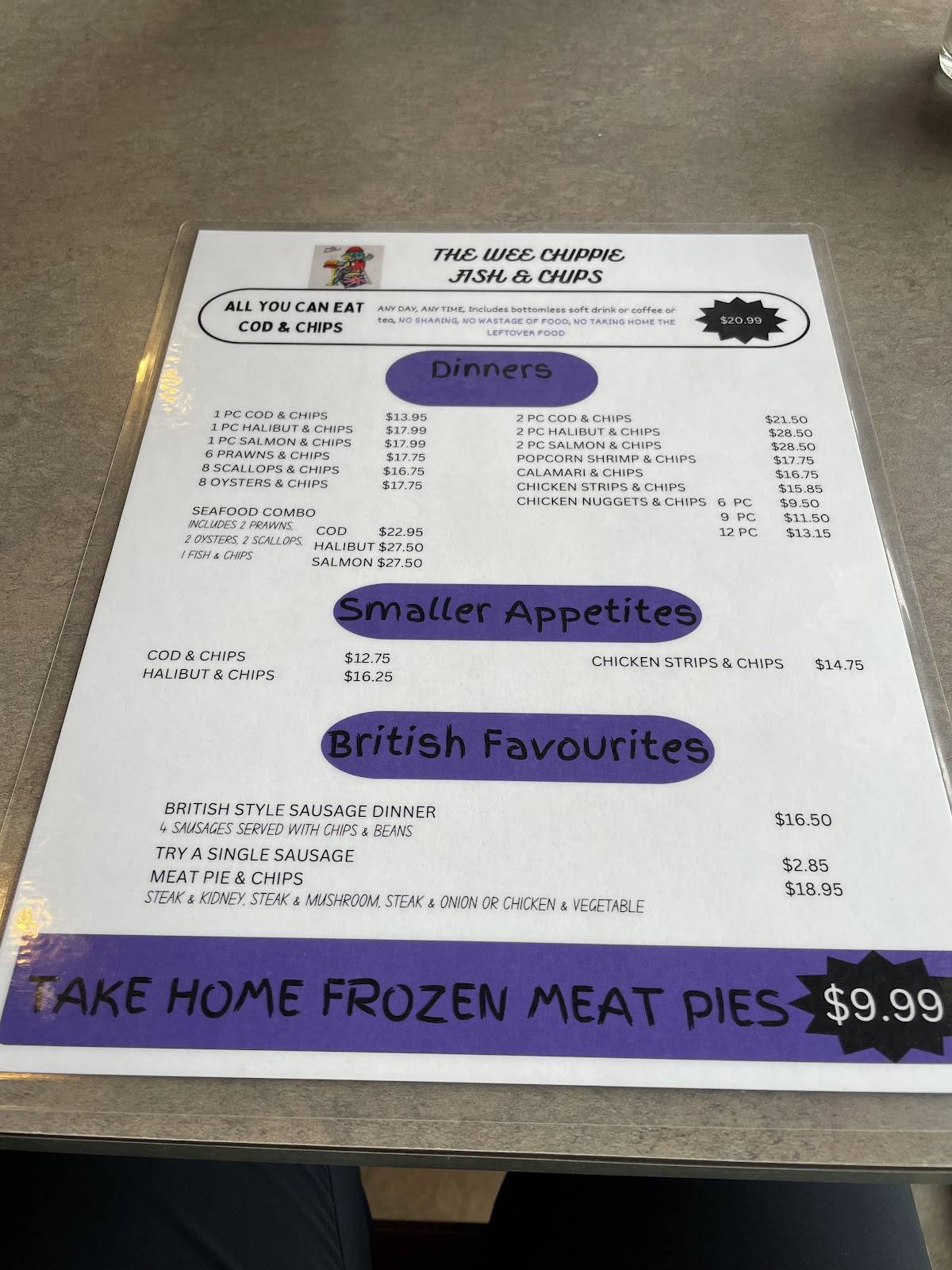 Menu at The Wee Chippie Fish & Chips restaurant, Mission, Lougheed Hwy. #4a