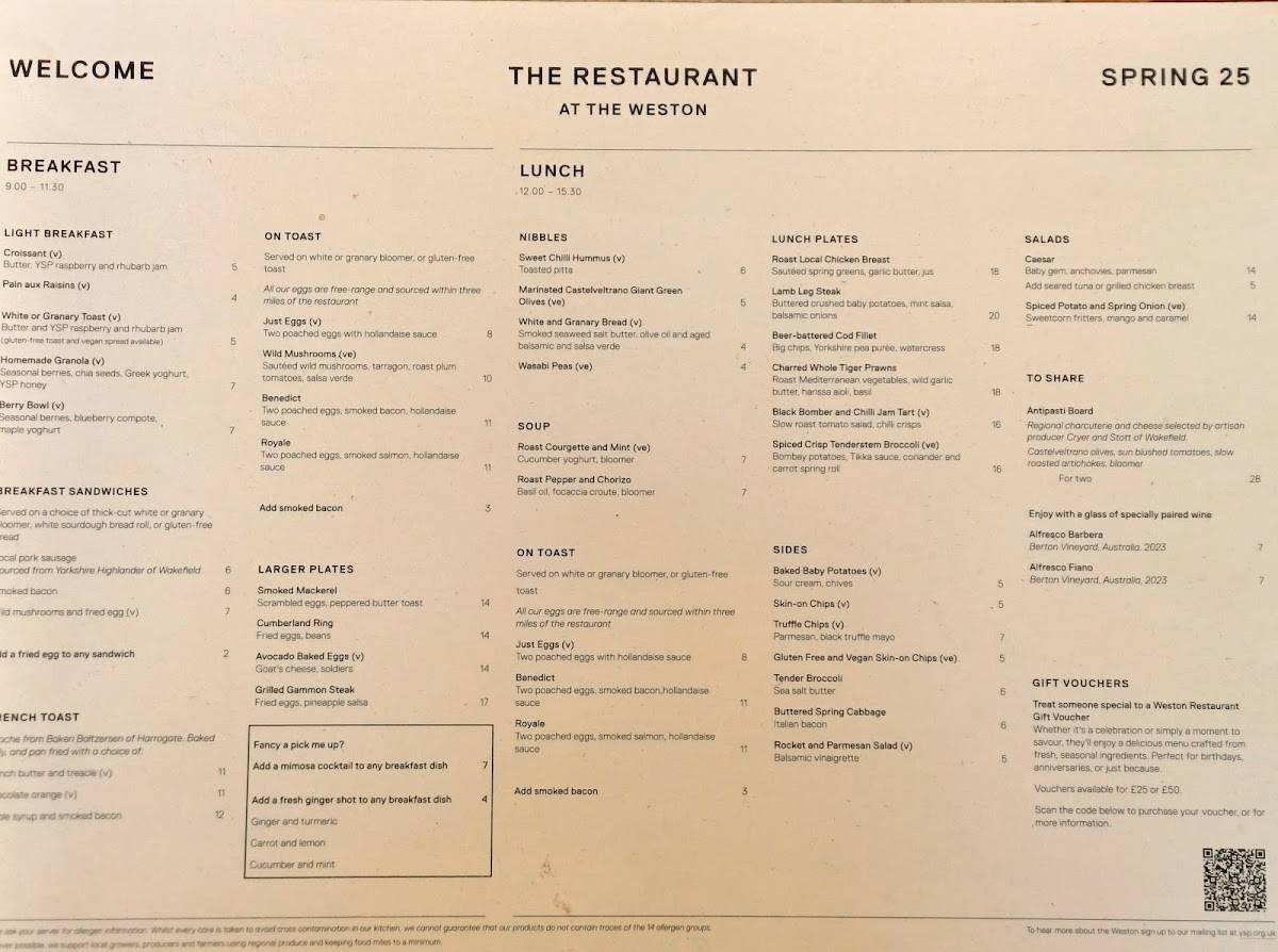 Menu at The Weston restaurant, West Bretton