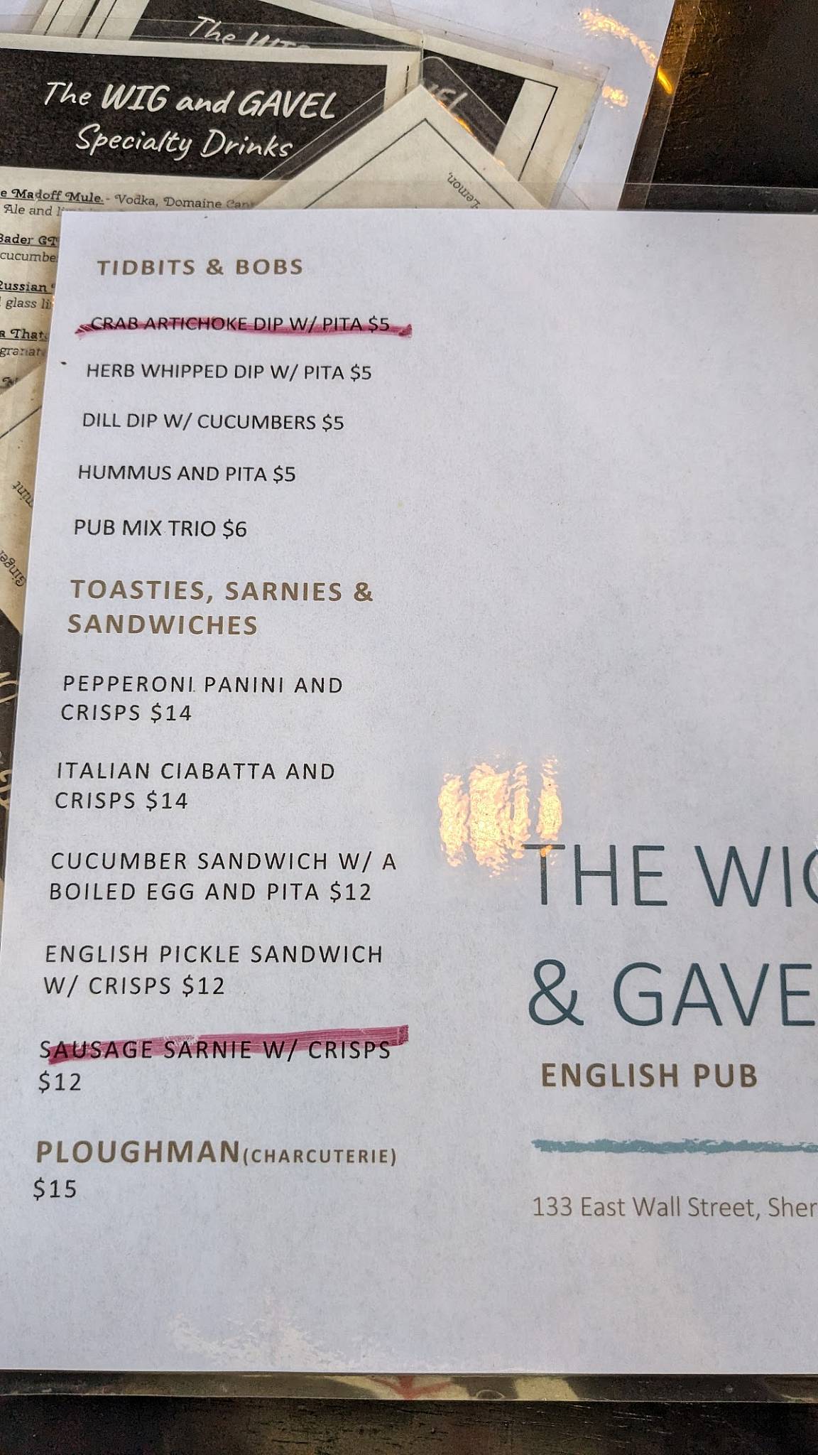 Menu at The Wig and Gavel Pub, Sherman
