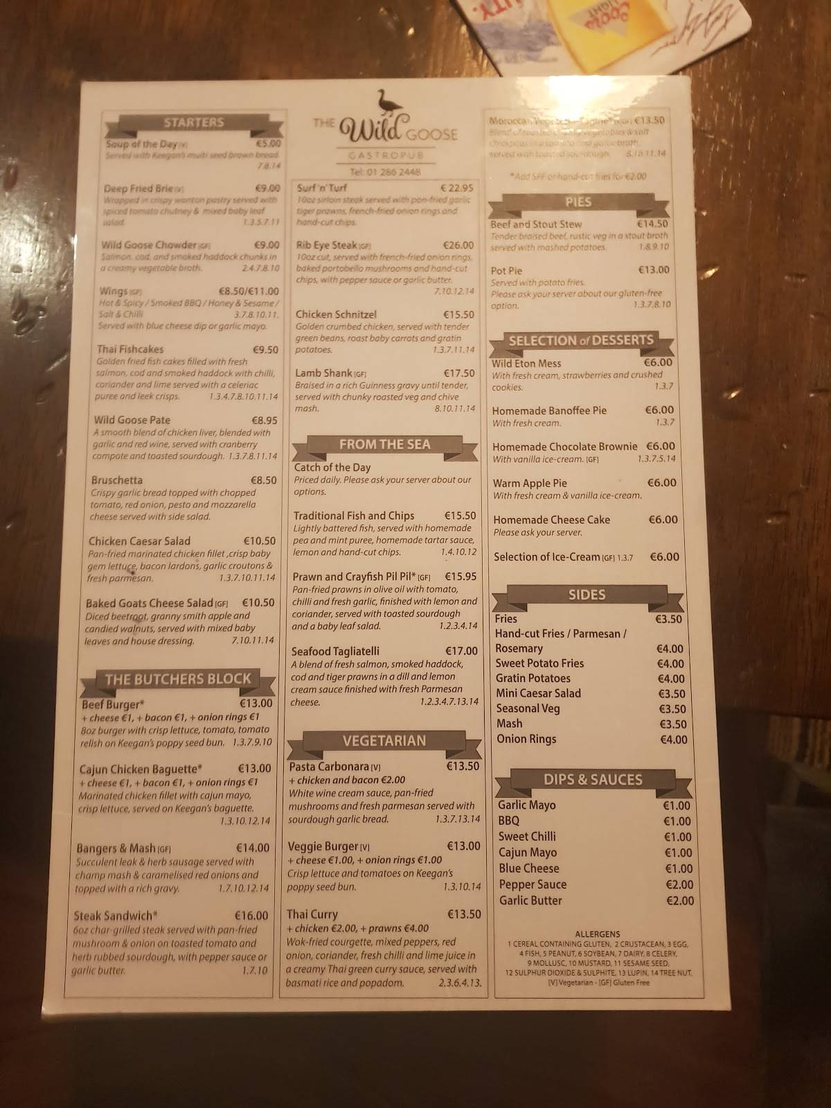 Menu at The Wild Goose pub & bar, Bray, Main St