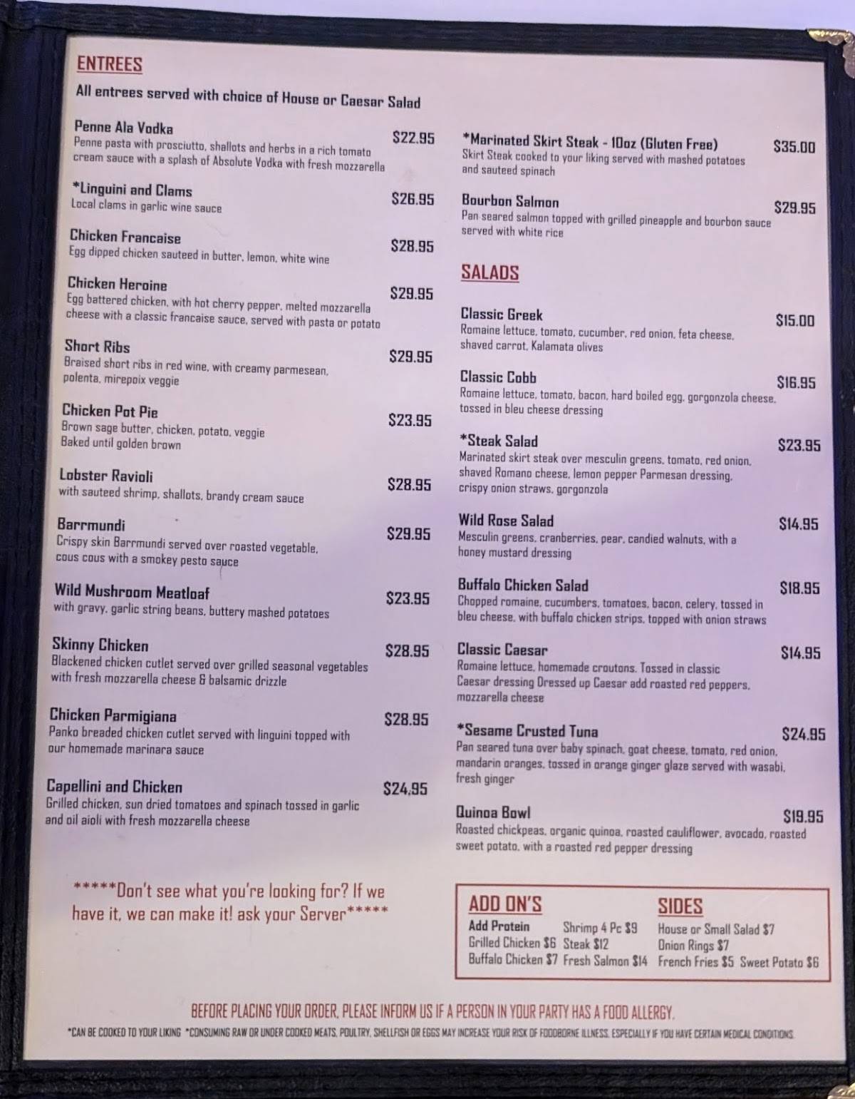 Menu at The Wild Rose Bar & Grill, Farmingdale