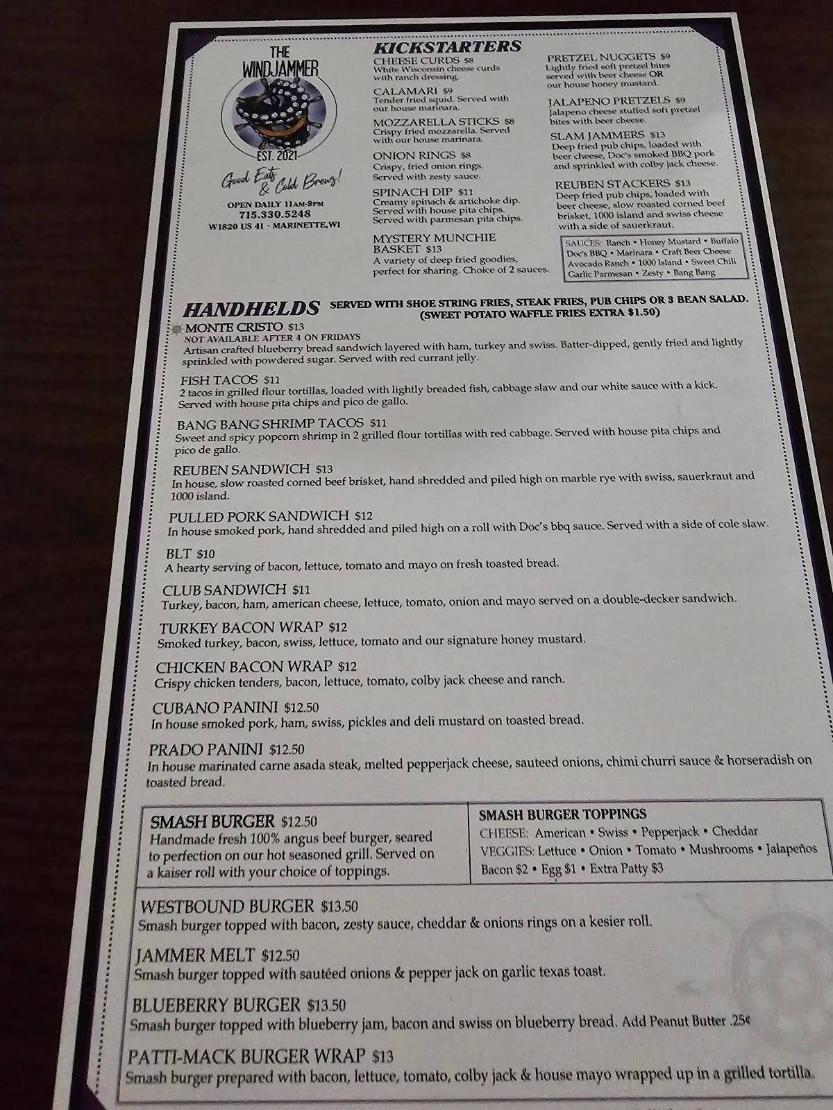 Menu at The Windjammer Marinette restaurant, Marinette