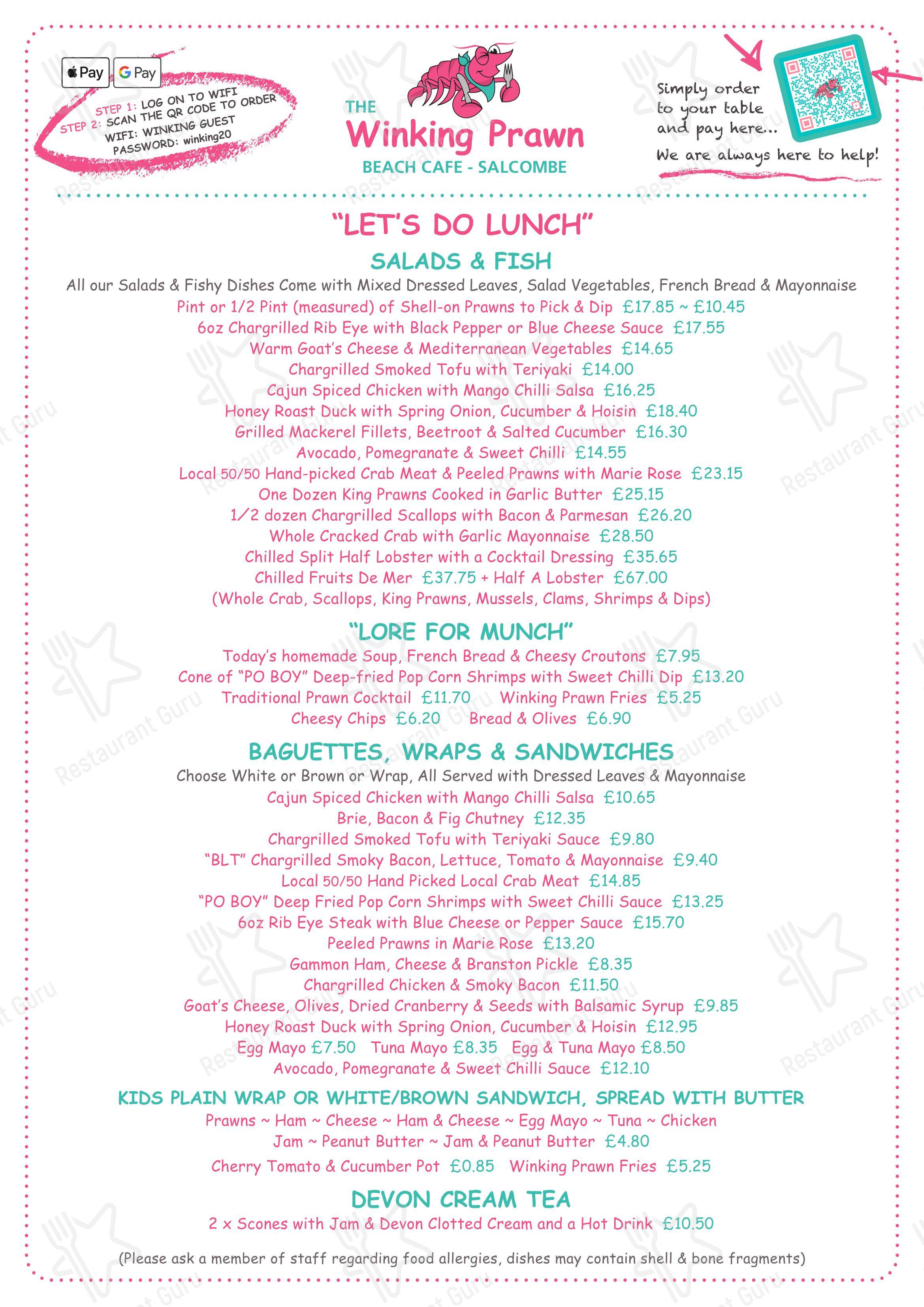 Menu at The Winking Prawn restaurant, Salcombe