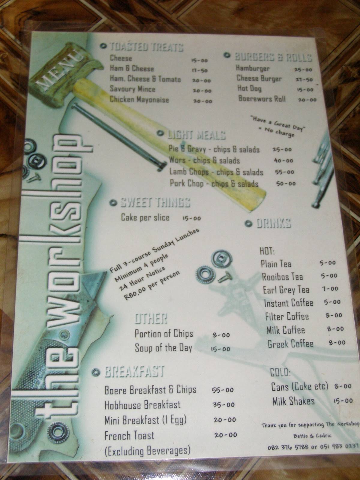 Menu at The Workshop, Hobhouse
