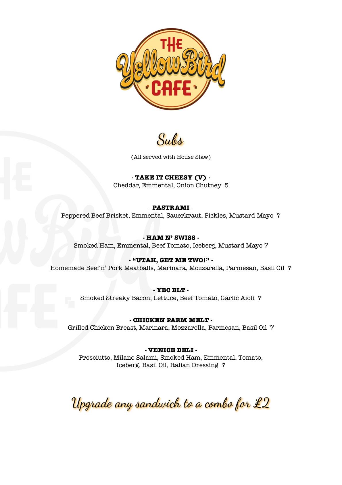 Menu at The Yellow Bird Café cafe, Haltwhistle