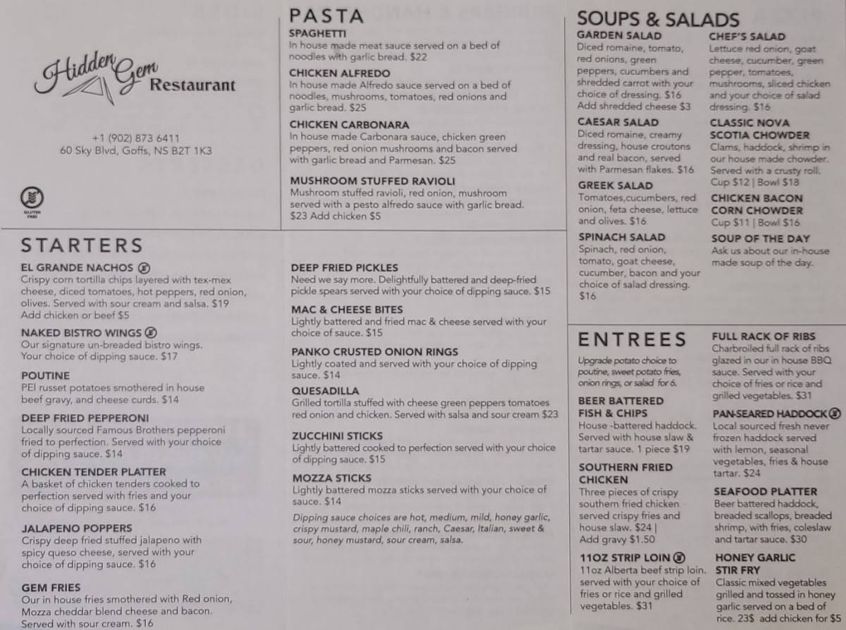Menu at The hidden gem restaurant, Goffs
