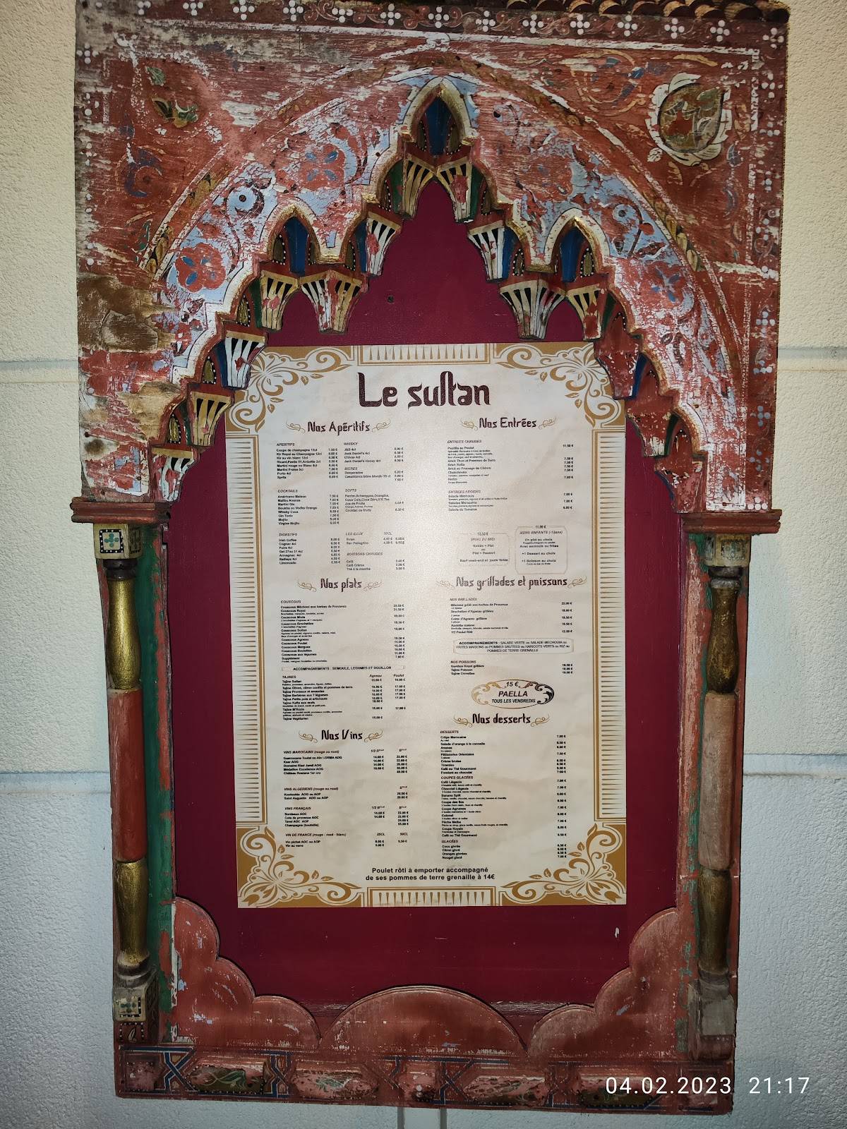 Menu au Le Sultan restaurant, Thiais