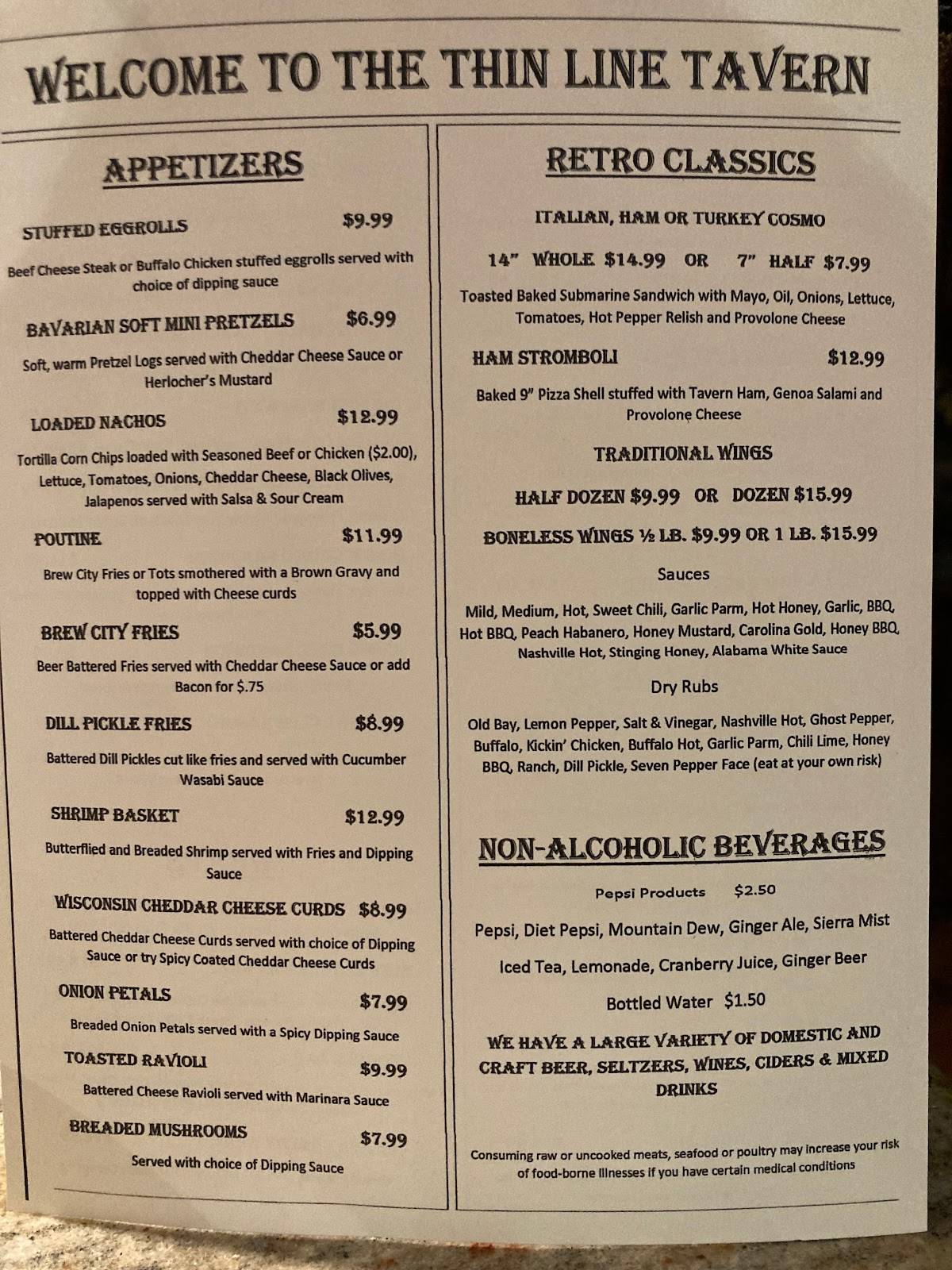Menu at Thin Line Tavern pub & bar, Mansfield