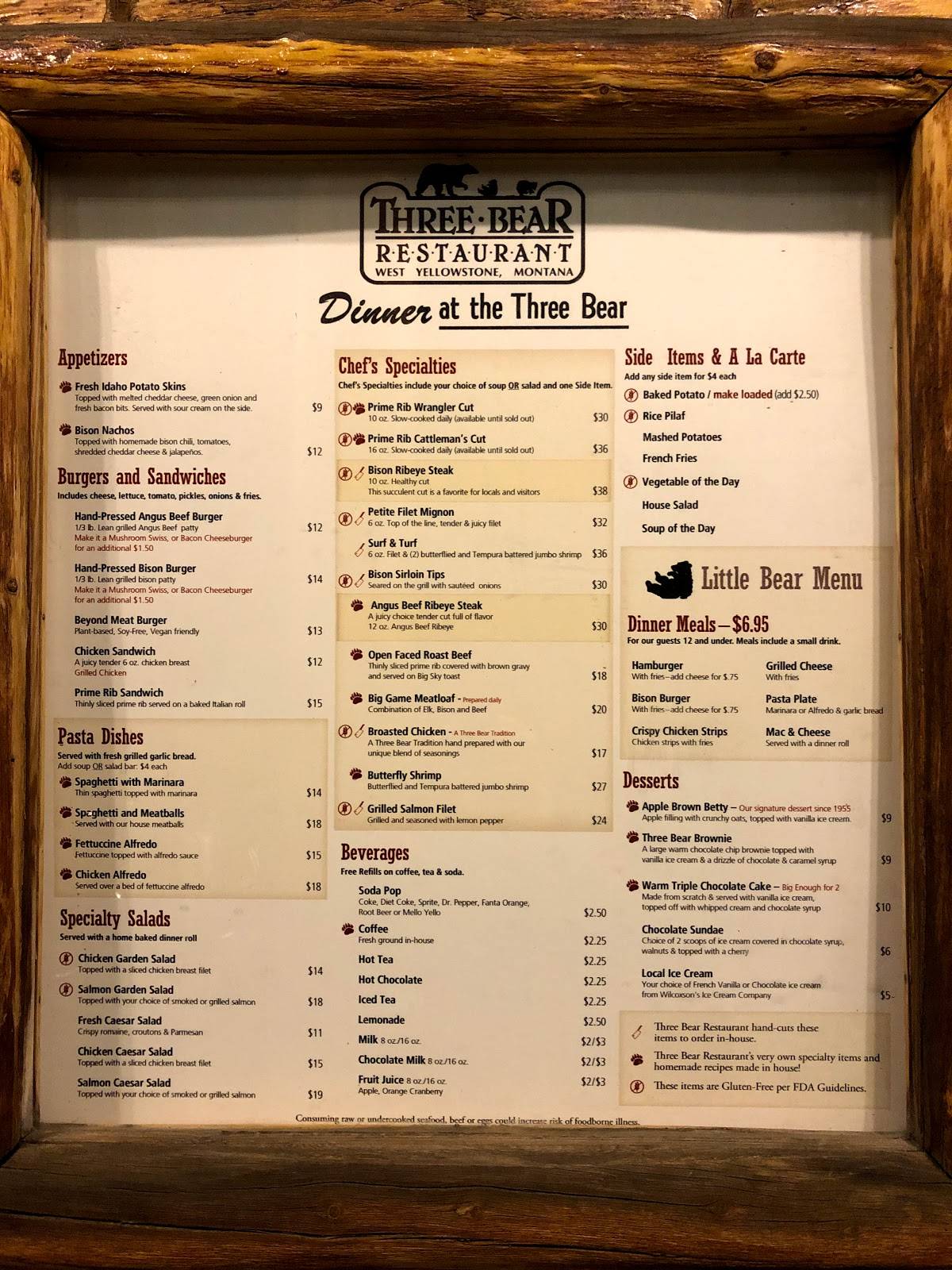 Menu at Three Bear Restaurant, West Yellowstone