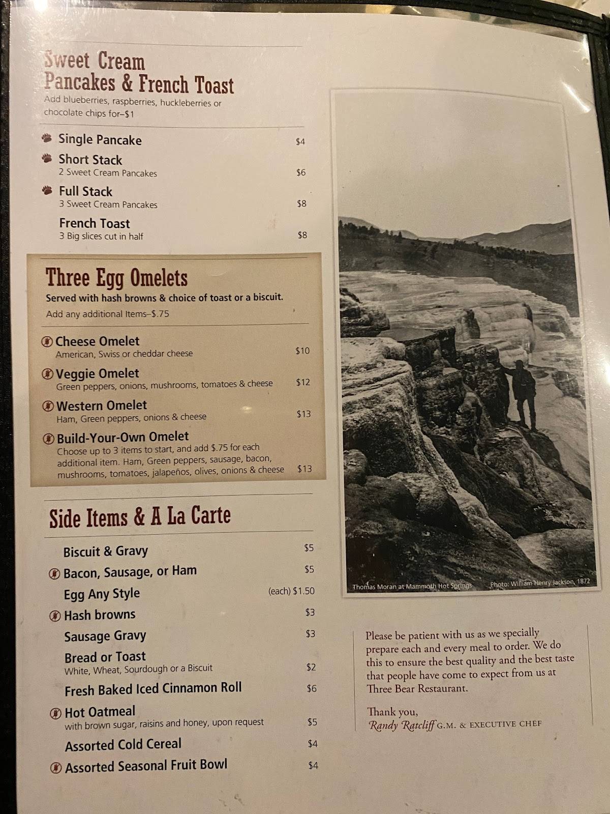 Menu at Three Bear Restaurant, West Yellowstone