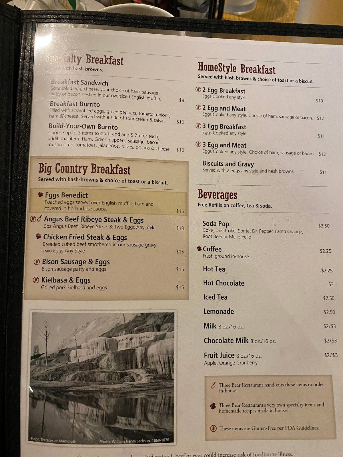 Menu at Three Bear Restaurant, West Yellowstone