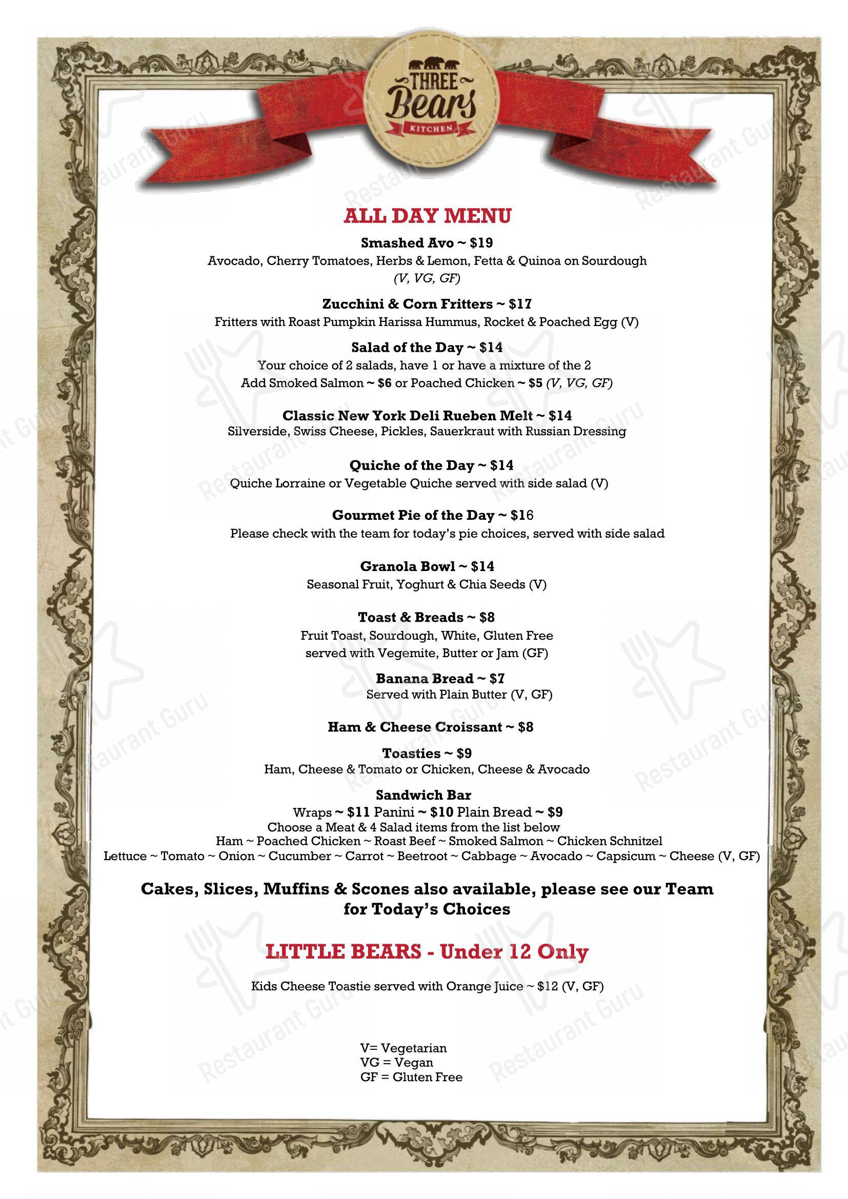Menu at Three Bears Cafe, Newcastle